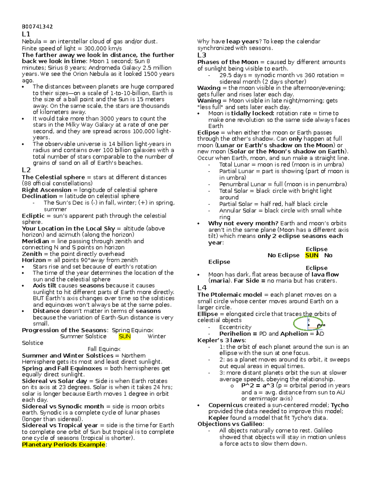 ASTR Cheat Sheet 1 - Lectures 1-7 notes and highlighted terms - B L ...