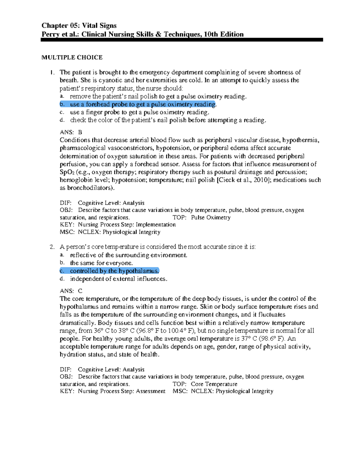 Chapter 5 Clinical Sample Questions - Chapter 05: Vital Signs Perry et ...