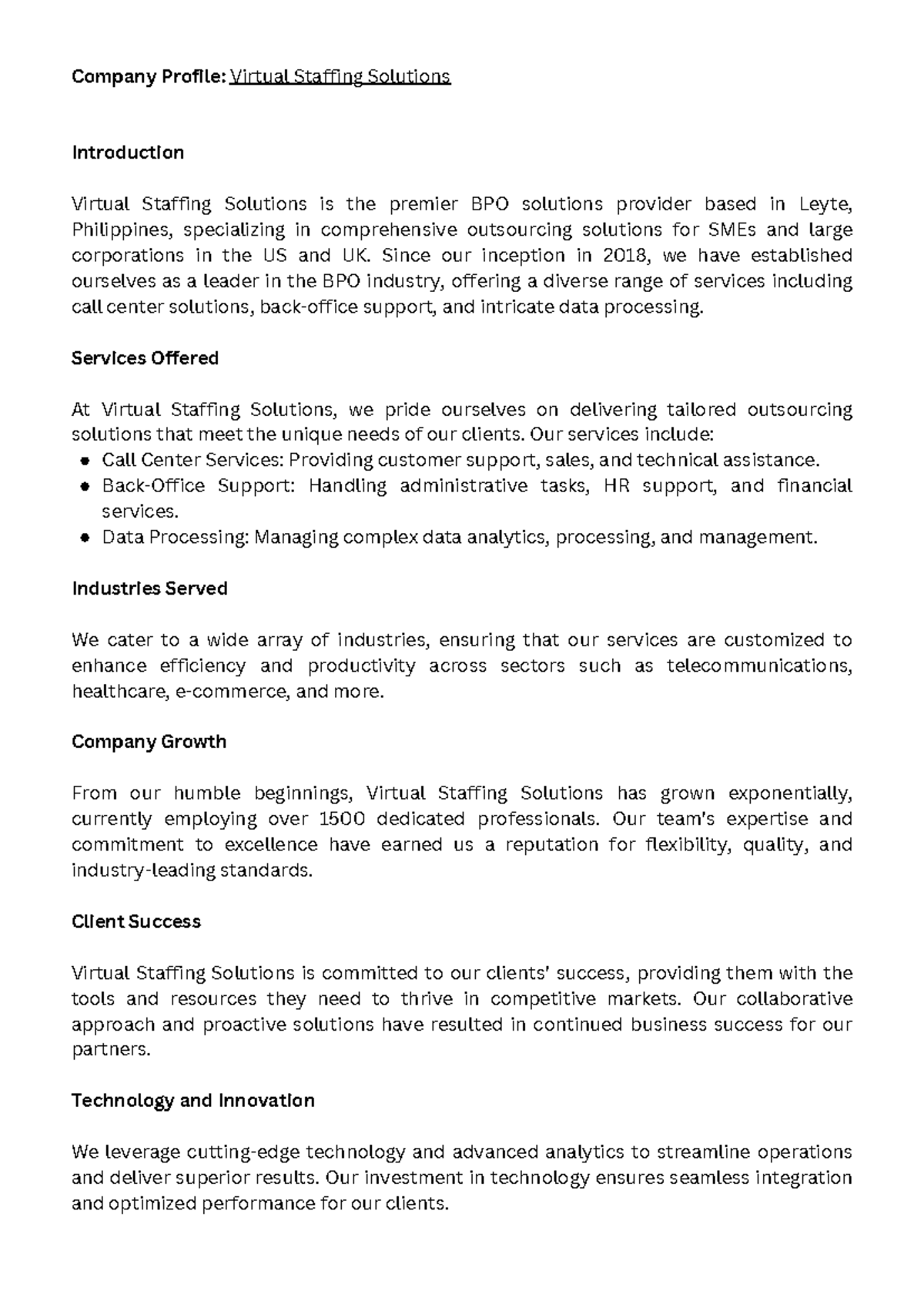 Company profile - lecture - Company Profile: Virtual Staffing Solutions ...