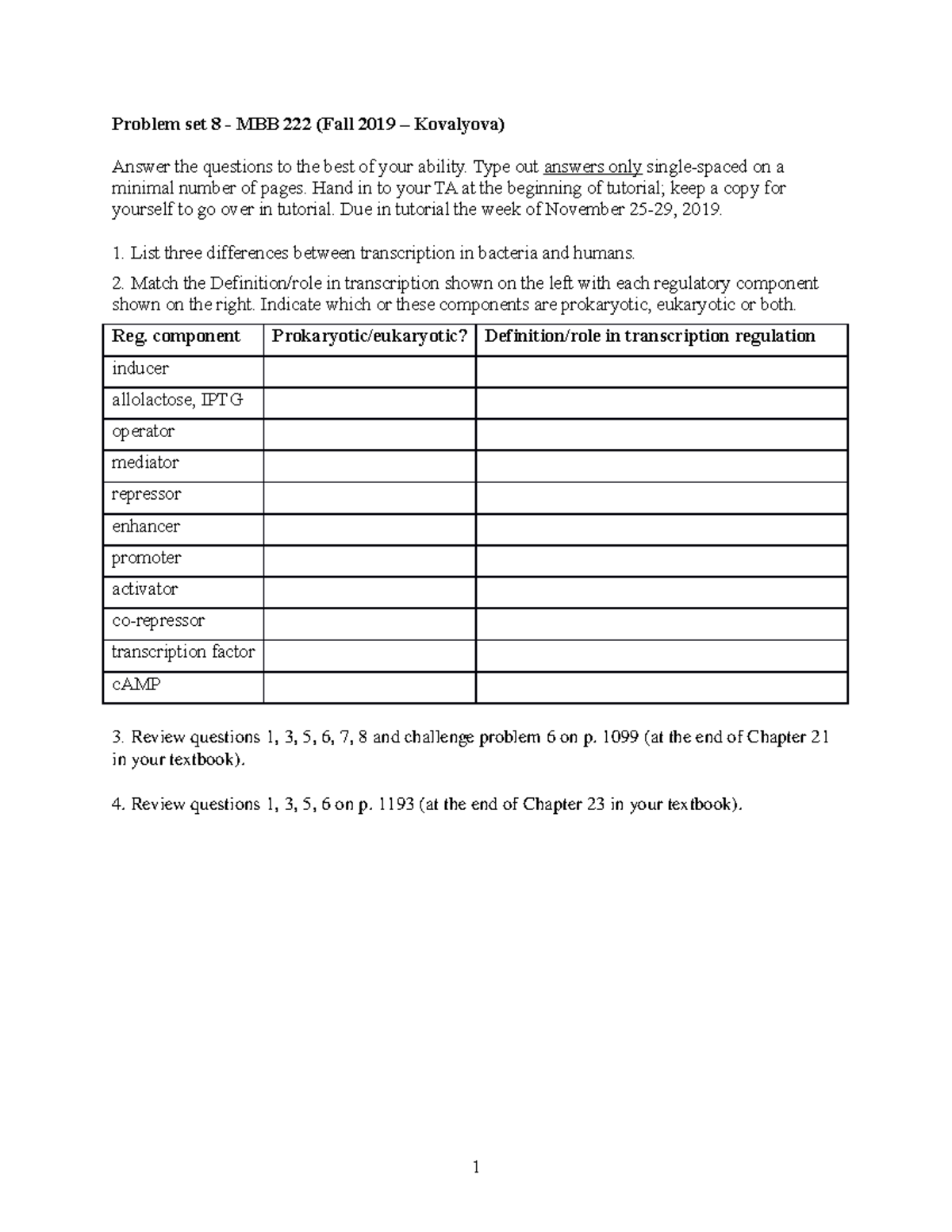 Problem set 8 - Just the questions - Problem set 8 - MBB 222 (Fall 2019 ...