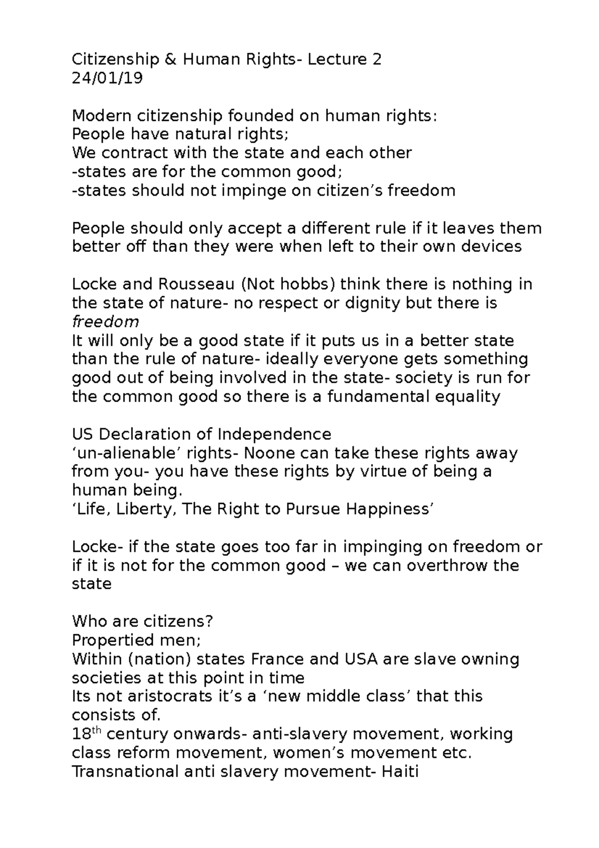 Lecture 2 notes - Modern citizenship founded on human rights: People ...