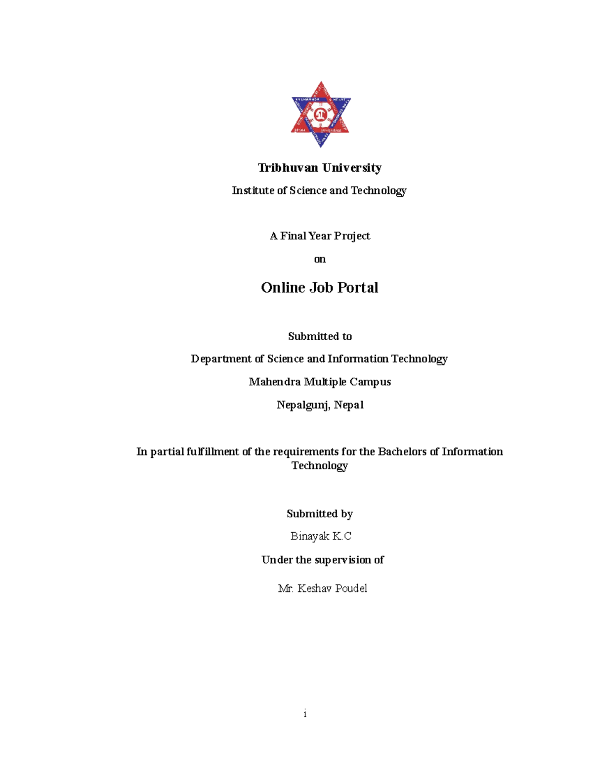 Project - nnnnnnnnnnnnn - Tribhuvan University Institute of Science and Technology A Final Year ...