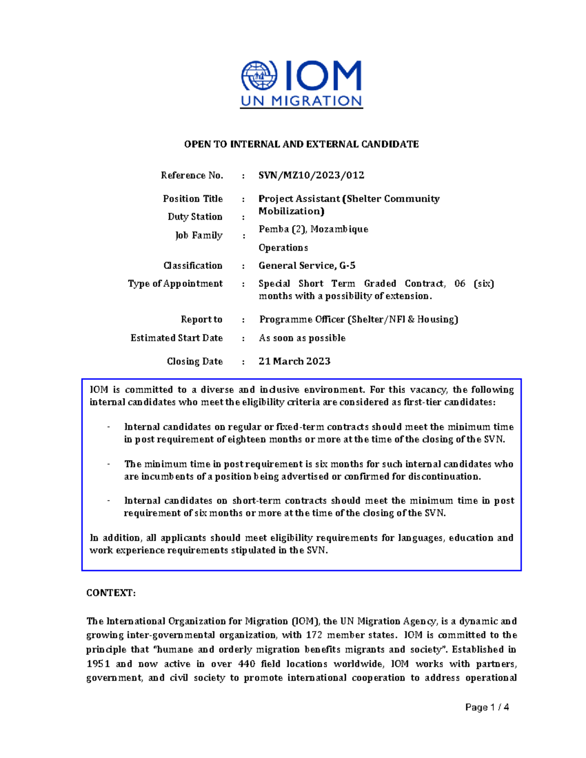 012 SVN Project Assistant (Shelter Community Mobilization) - Page 1 / 4 ...