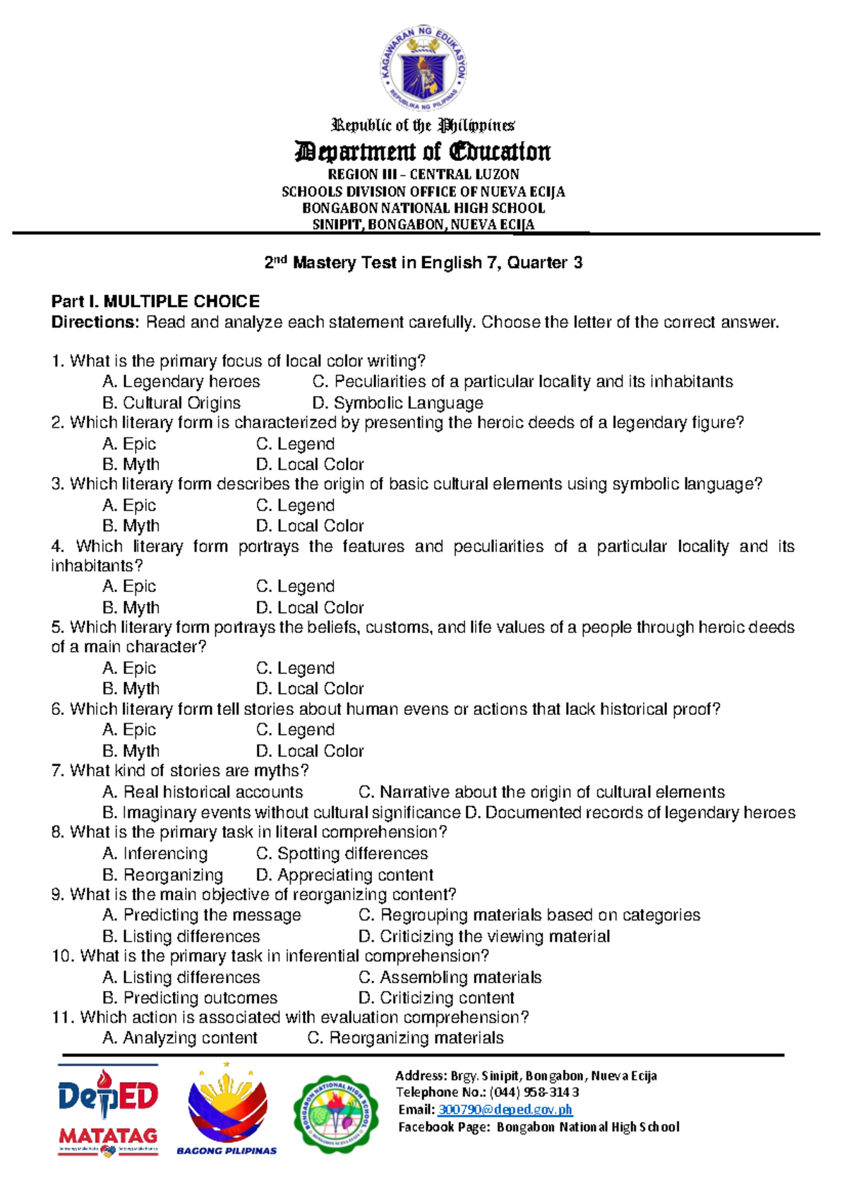 2nd Mastery Test - Department of Education REGION III – CENTRAL LUZON ...