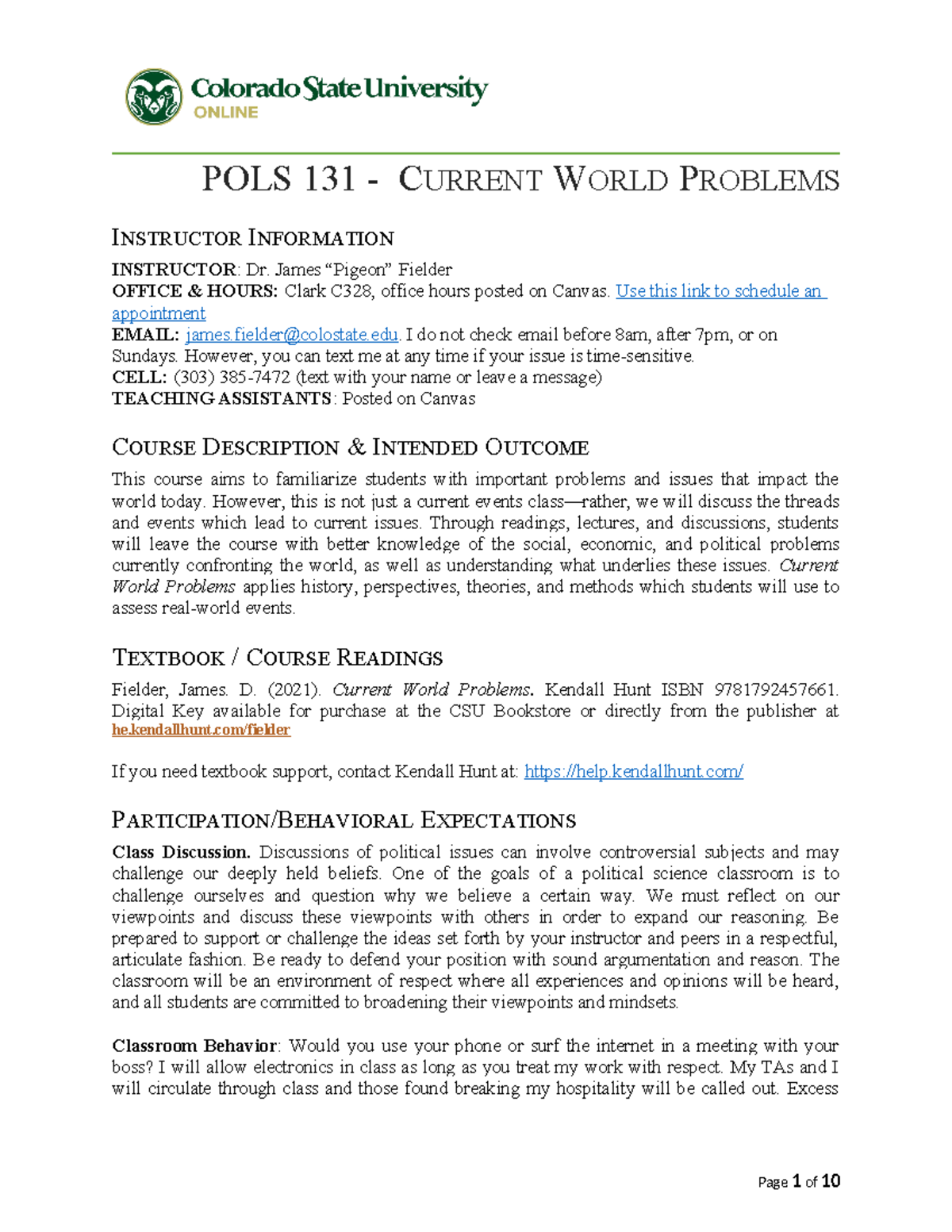 POLS 131 Syllabus Spring 2024-2 - POLS 131 - CURRENT WORLD PROBLEMS INSTRUCTOR INFORMATION - Studocu