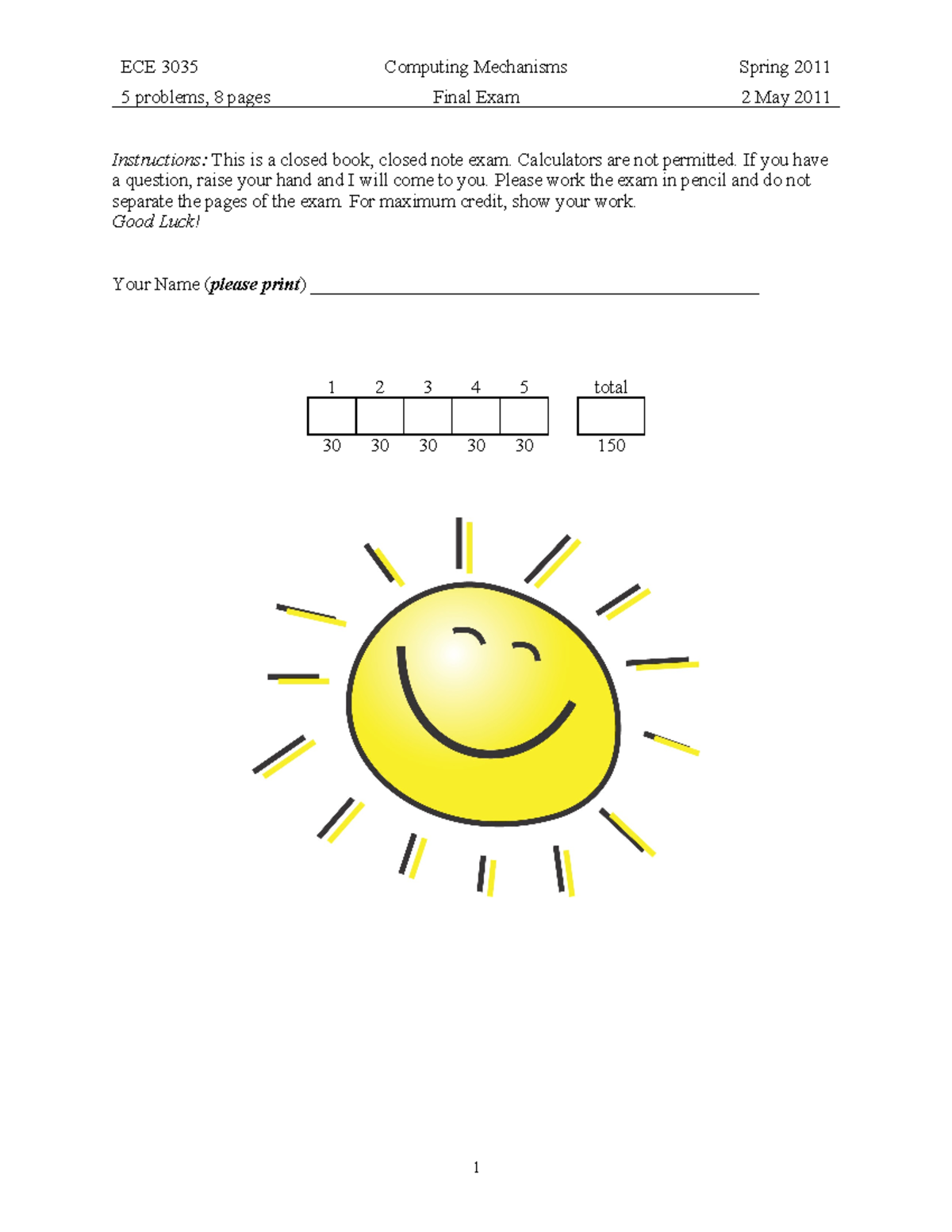 SP11 Final Exam - Practice Tests - 5 problems, 8 pages Final Exam 2 May ...