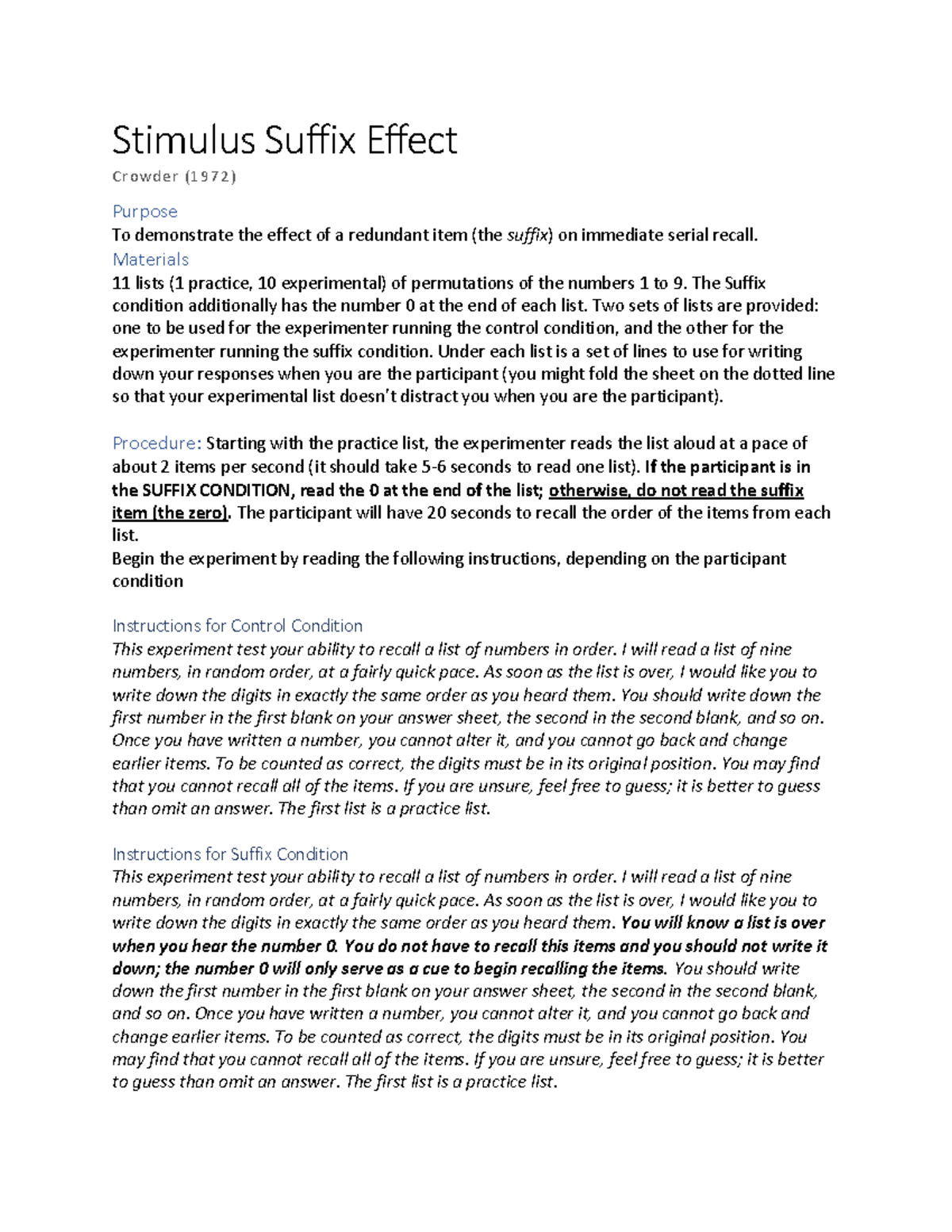 Suffix Effect - n/a - Stimulus Suffix Effect (N&S p) Crowder (1972 ...
