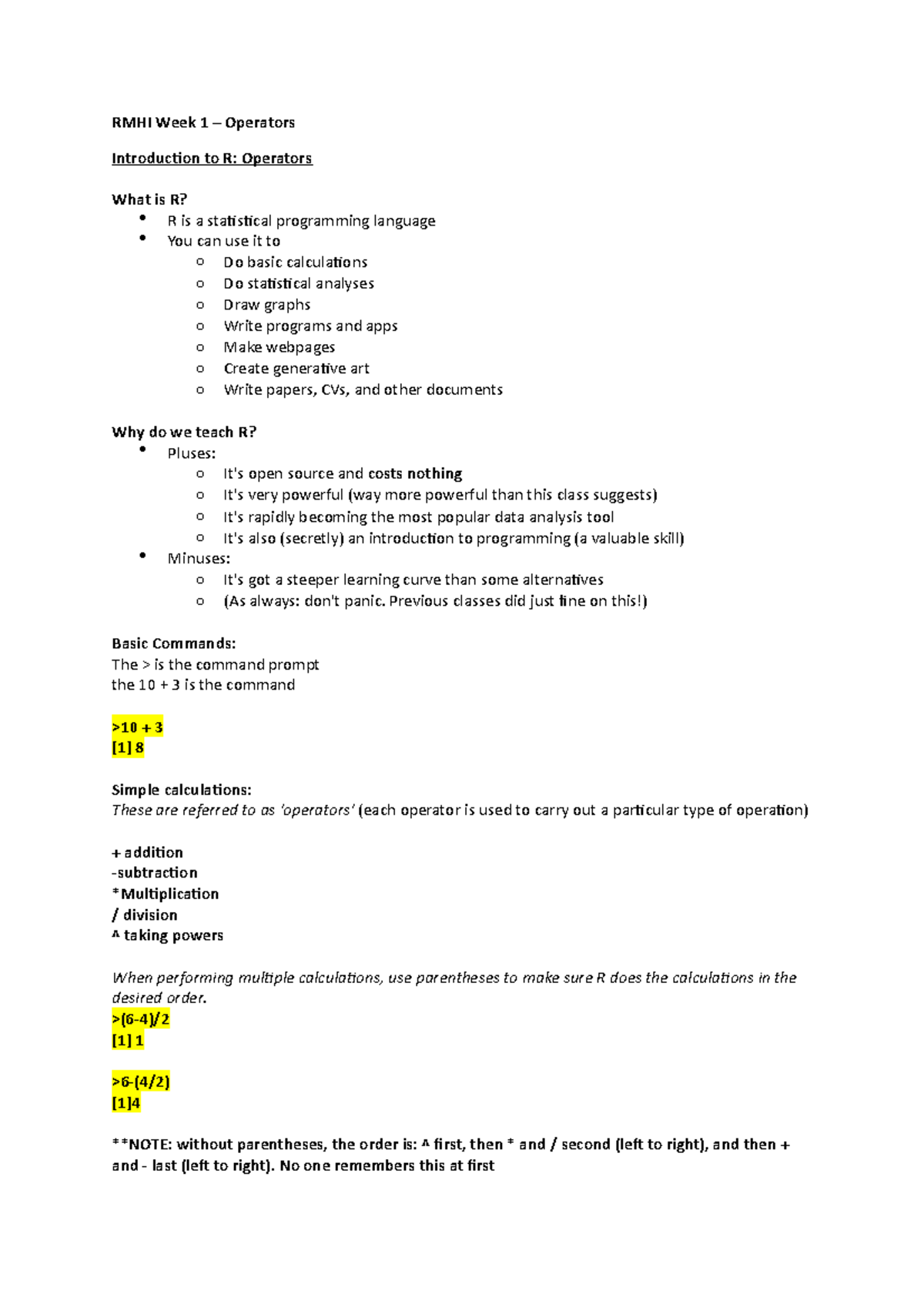 Rmhi Operators Rmhi Week 1 Operators Introduction To R Operators