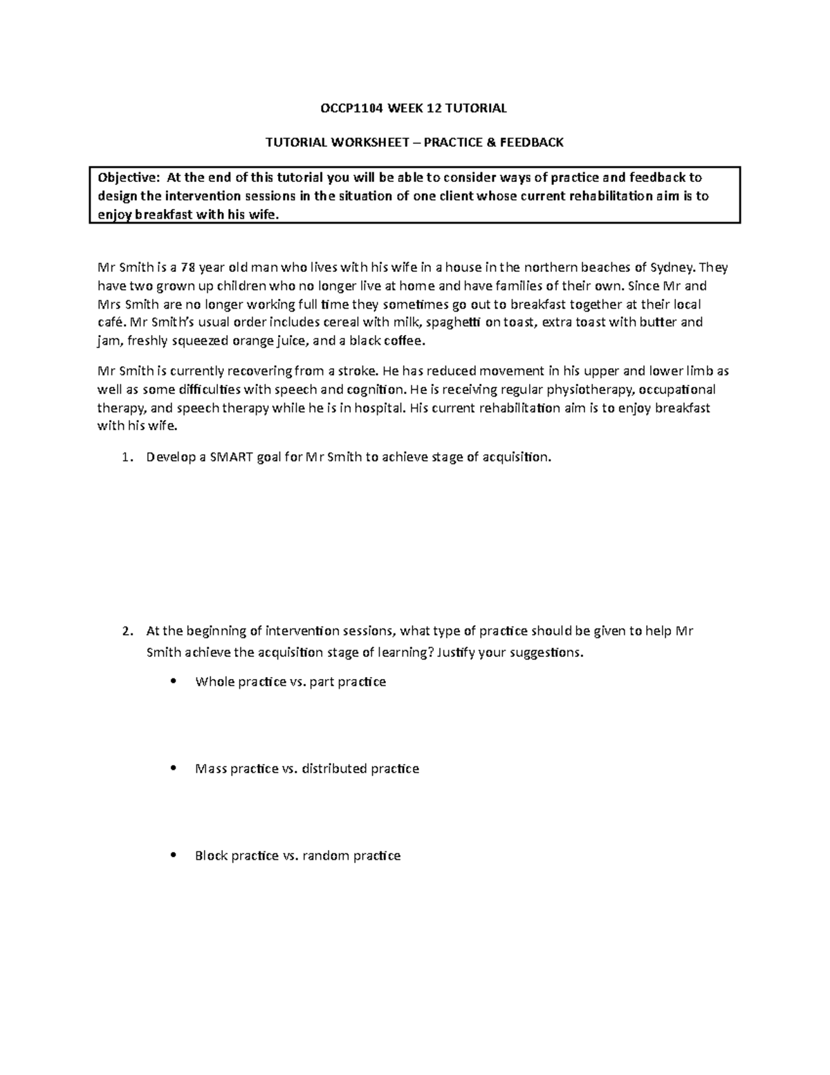 Week 12 tutorial worksheet-1 - OCCP1104 WEEK 12 TUTORIAL TUTORIAL WORKSHEET – PRACTICE & - Studocu