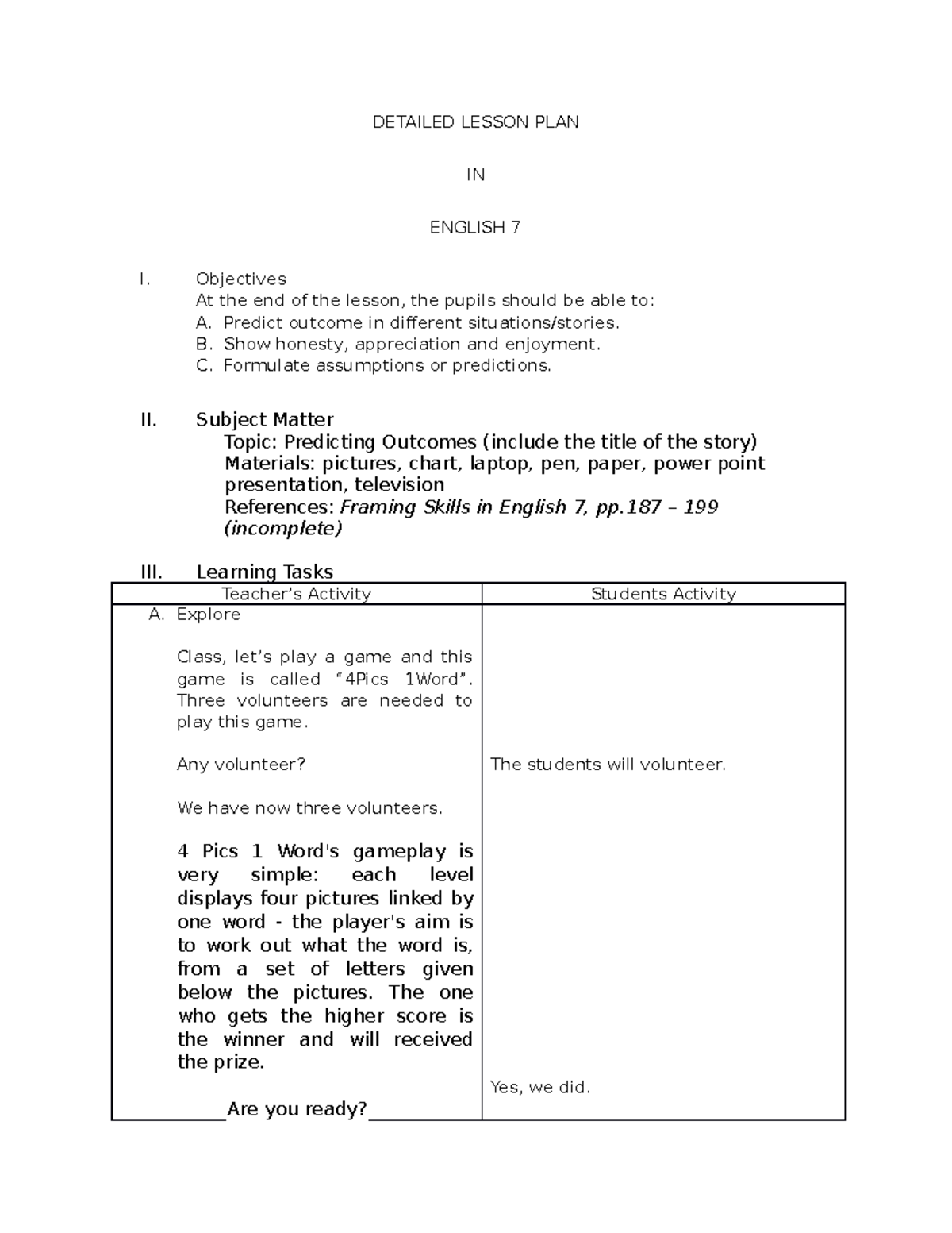 FD edited ms - lecture - DETAILED LESSON PLAN IN ENGLISH 7 I ...