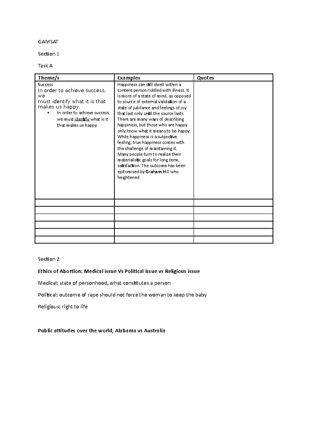Gamsat sec2 essays - notes - GAMSAT Section 1 Task A Theme/s Examples ...