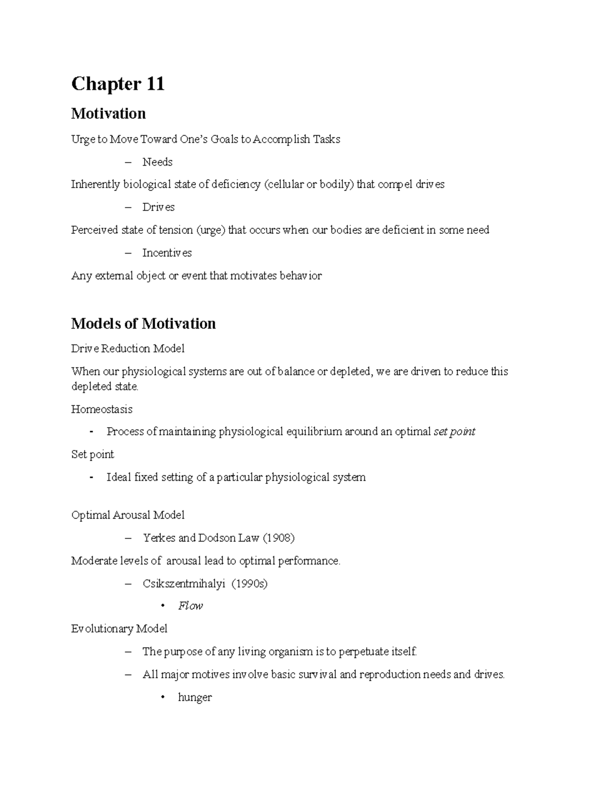 Chapter 11 study guide - Chapter 11 Motivation Urge to Move Toward One ...