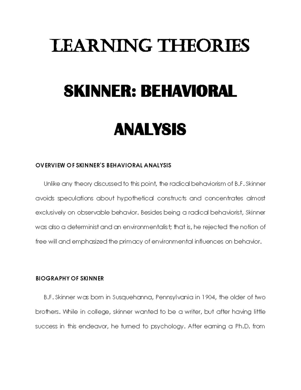 Learning Theories - summaries for TOP - LEARNING THEORIES SKINNER ...