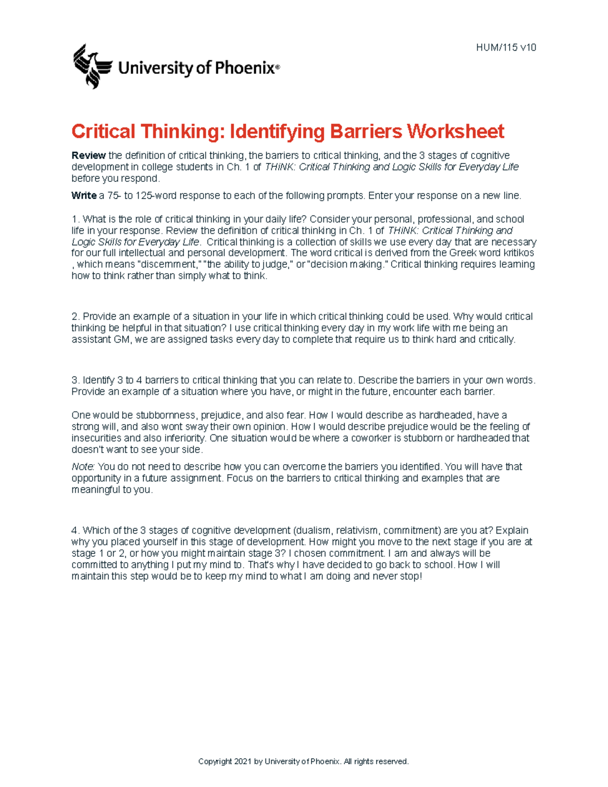 Hibbard Jason Overcoming Barriers - HUM/115 v Critical Thinking ...