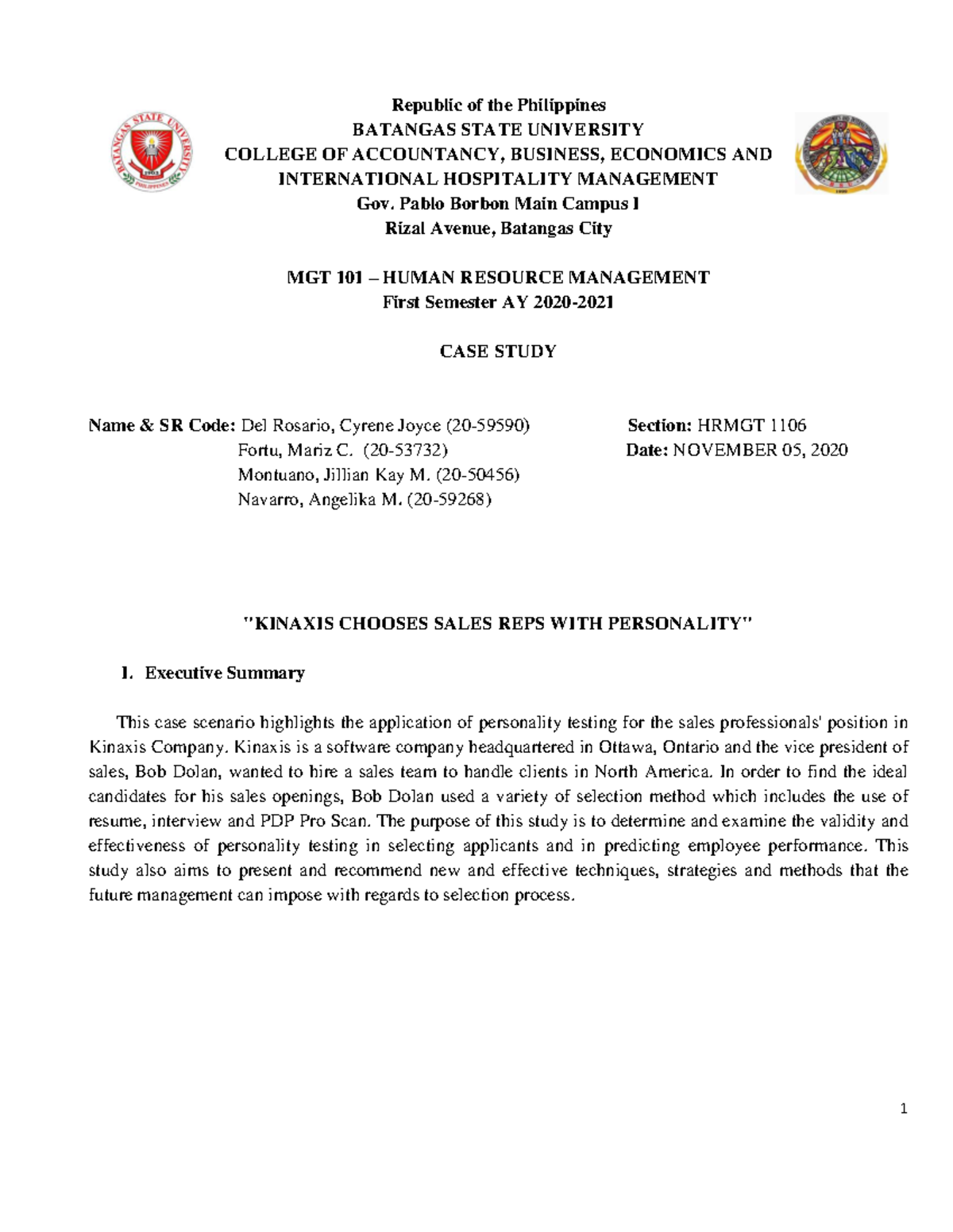 Kinaxis Case Study Analysis - Republic of the Philippines BATANGAS STATE UNIVERSITY COLLEGE OF ...