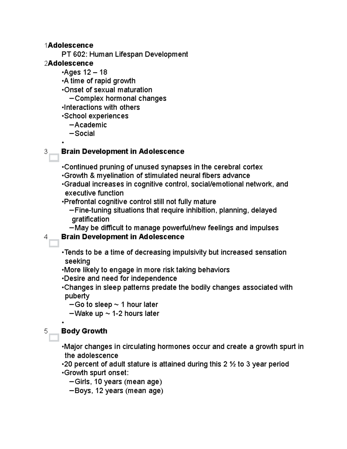 Adolescence Lecture - 1 Adolescence PT 602: Human Lifespan Development ...
