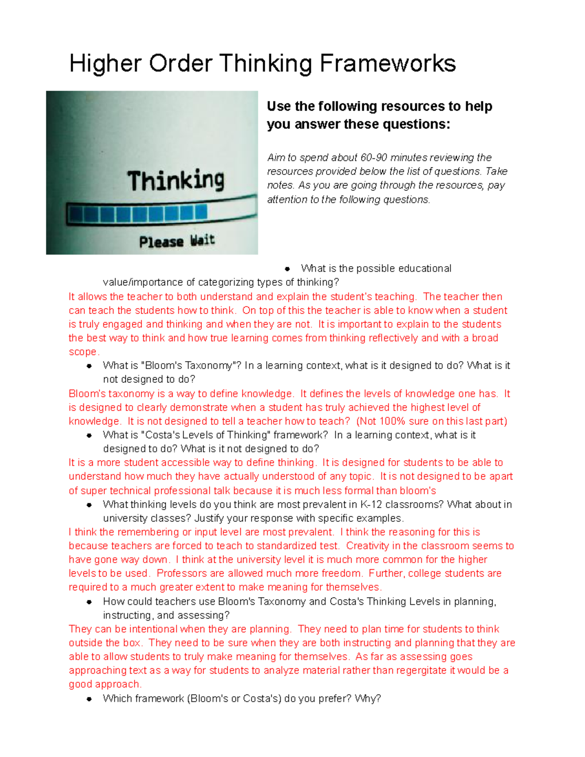 PET - higher order thinking - Higher Order Thinking Frameworks Use the ...