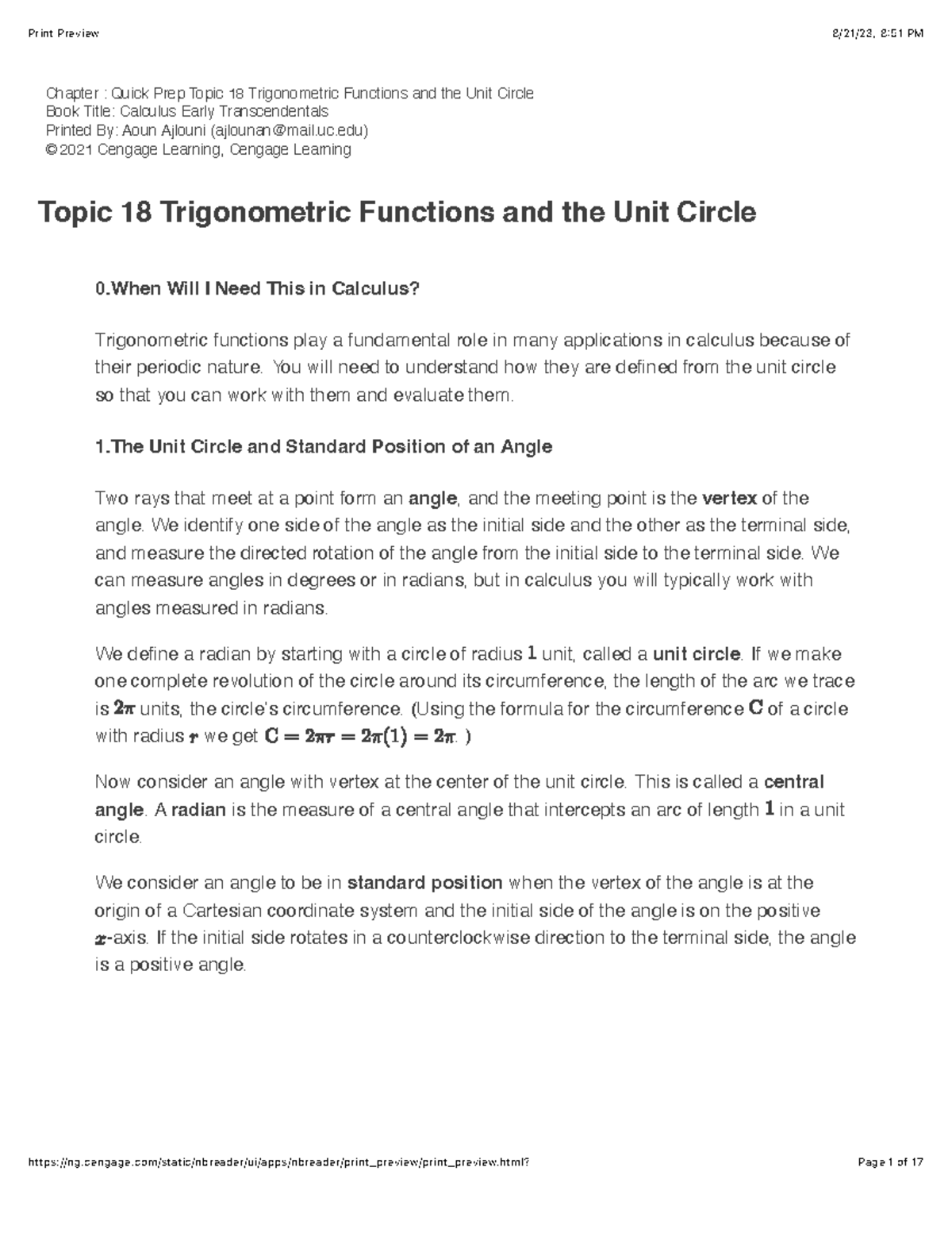 Trigonometric Functions and the Unit Circle - uc) © 2021 Cengage ...