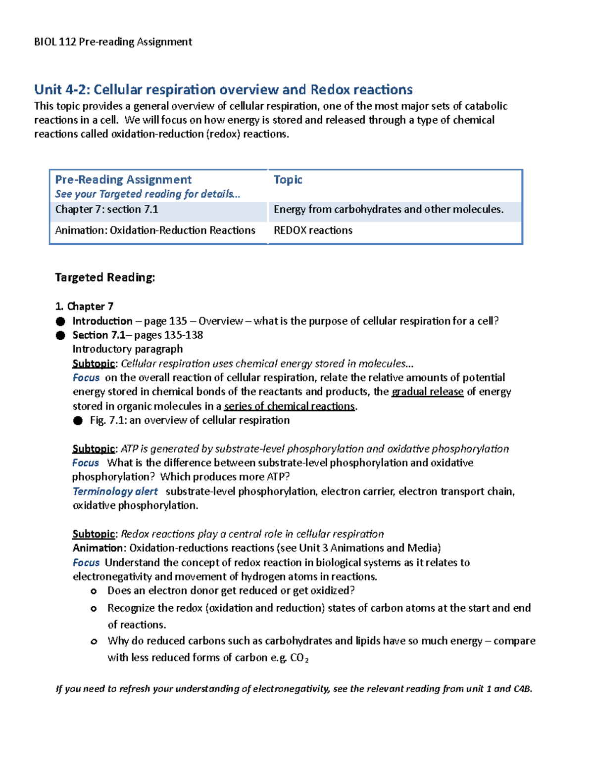 4.2 TRG Respiration overview redox (3ed) Student - BIOL 112 Pre-reading ...