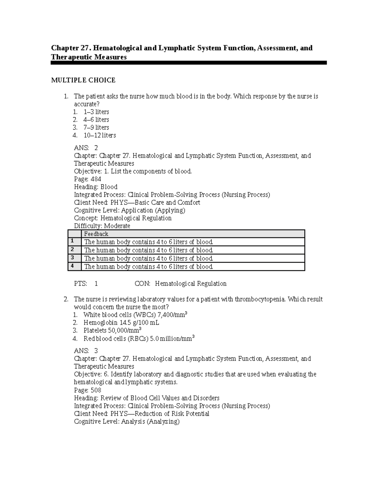 CH 27 TEST BANK - med surg. hemat and lymphatic notes chapter test bank ...