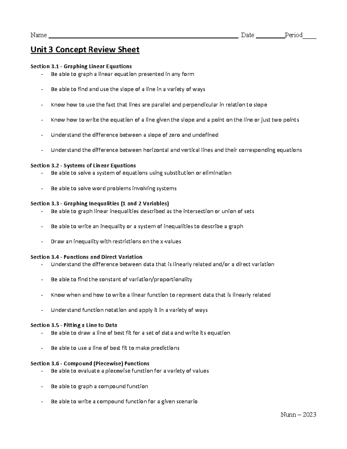 Unit 3 Test Review - With Concept Sheet (2023) - Name Date Period ...