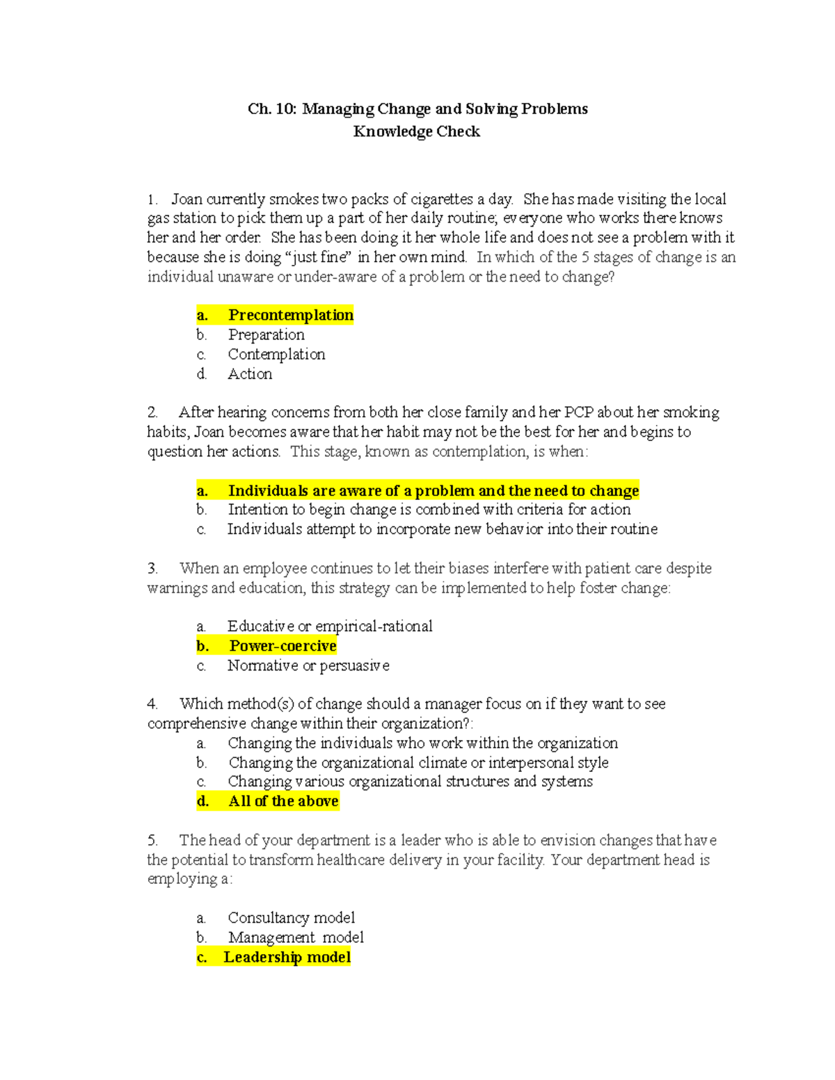 Knowledge Check kahoot questions - Ch. 10: Managing Change and Solving ...
