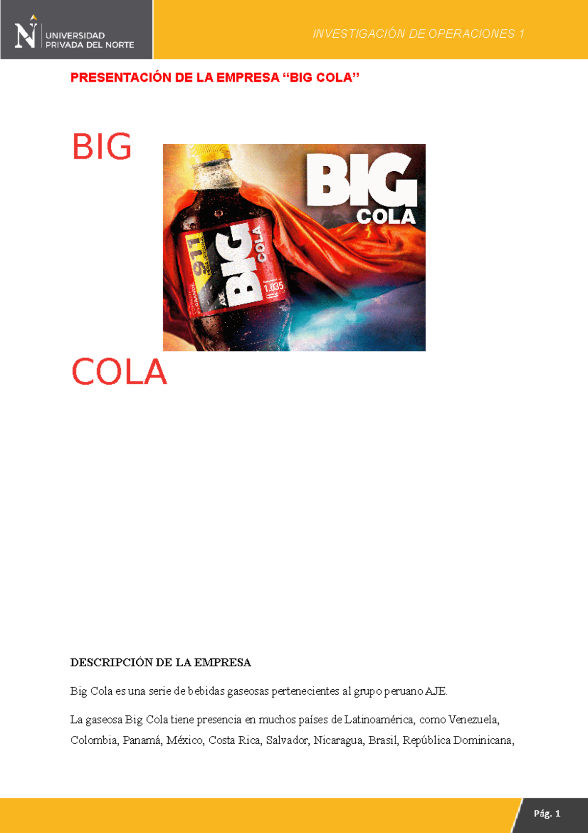 T2 Investigacion de operaciones - PRESENTACIÓN DE LA EMPRESA “BIG COLA ...