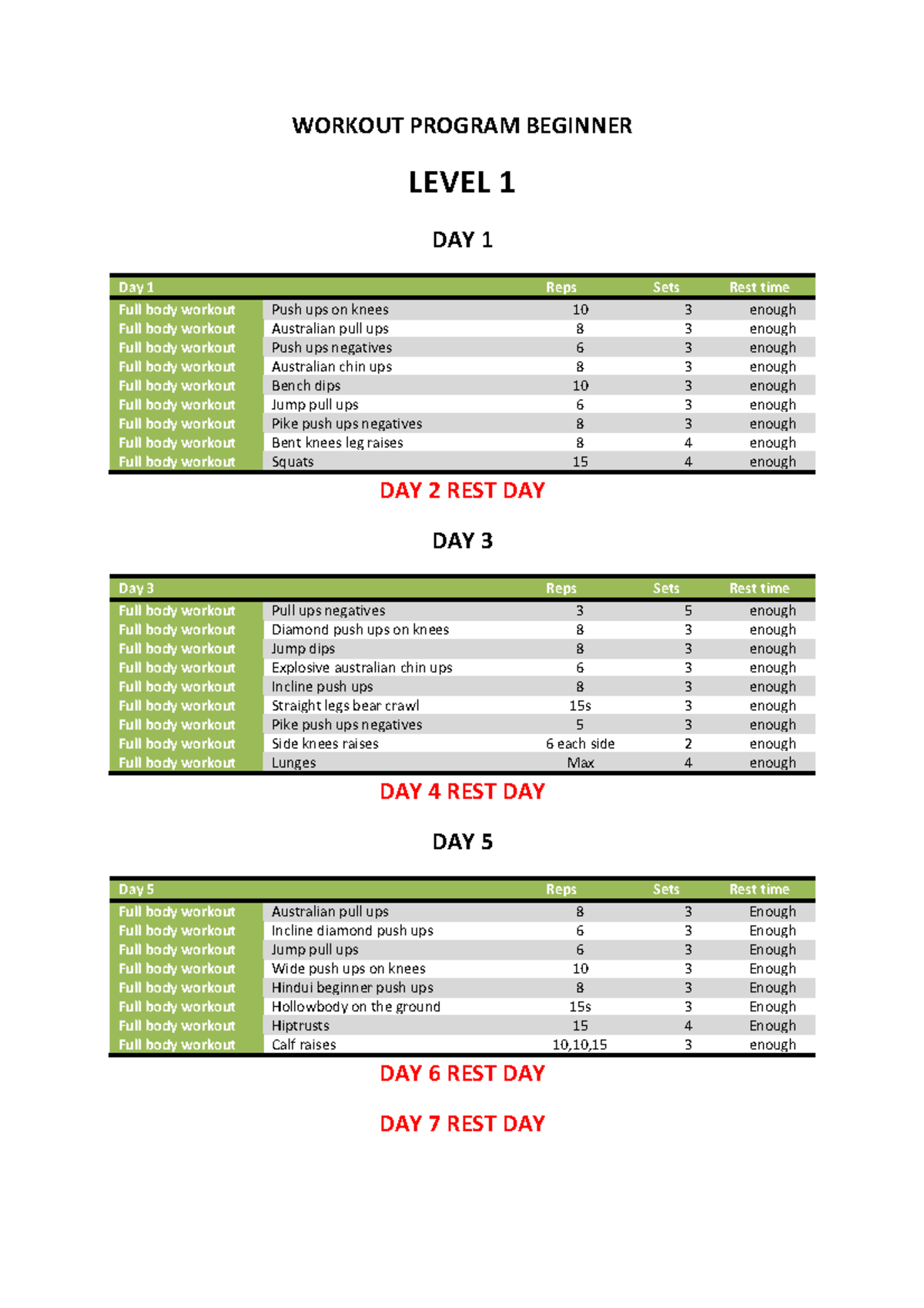 Caliathletics Beginner 1 8 - WORKOUT PROGRAM BEGINNER LEVEL 1 DAY 1 Day ...