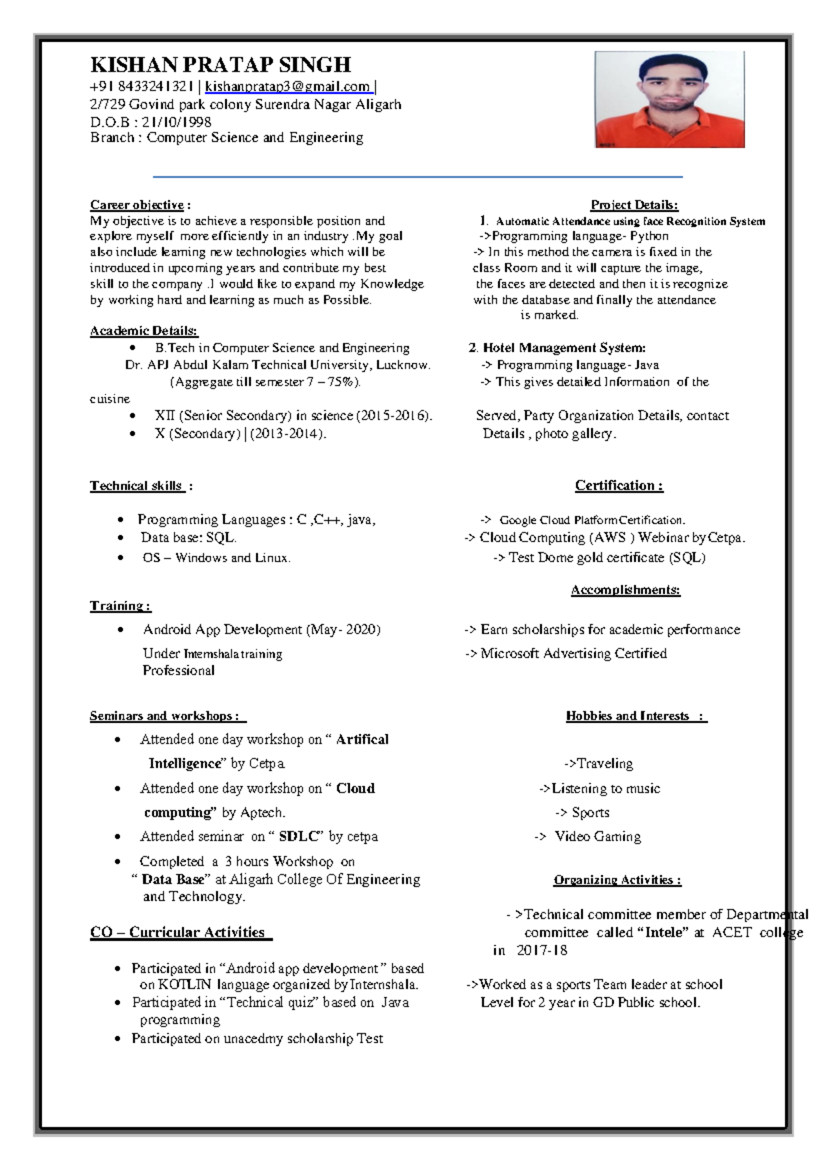 Kishan REsume-converted - KISHAN PRATAP SINGH +91 8433241321 | kishanpratap3@gmail | 2/729 ...