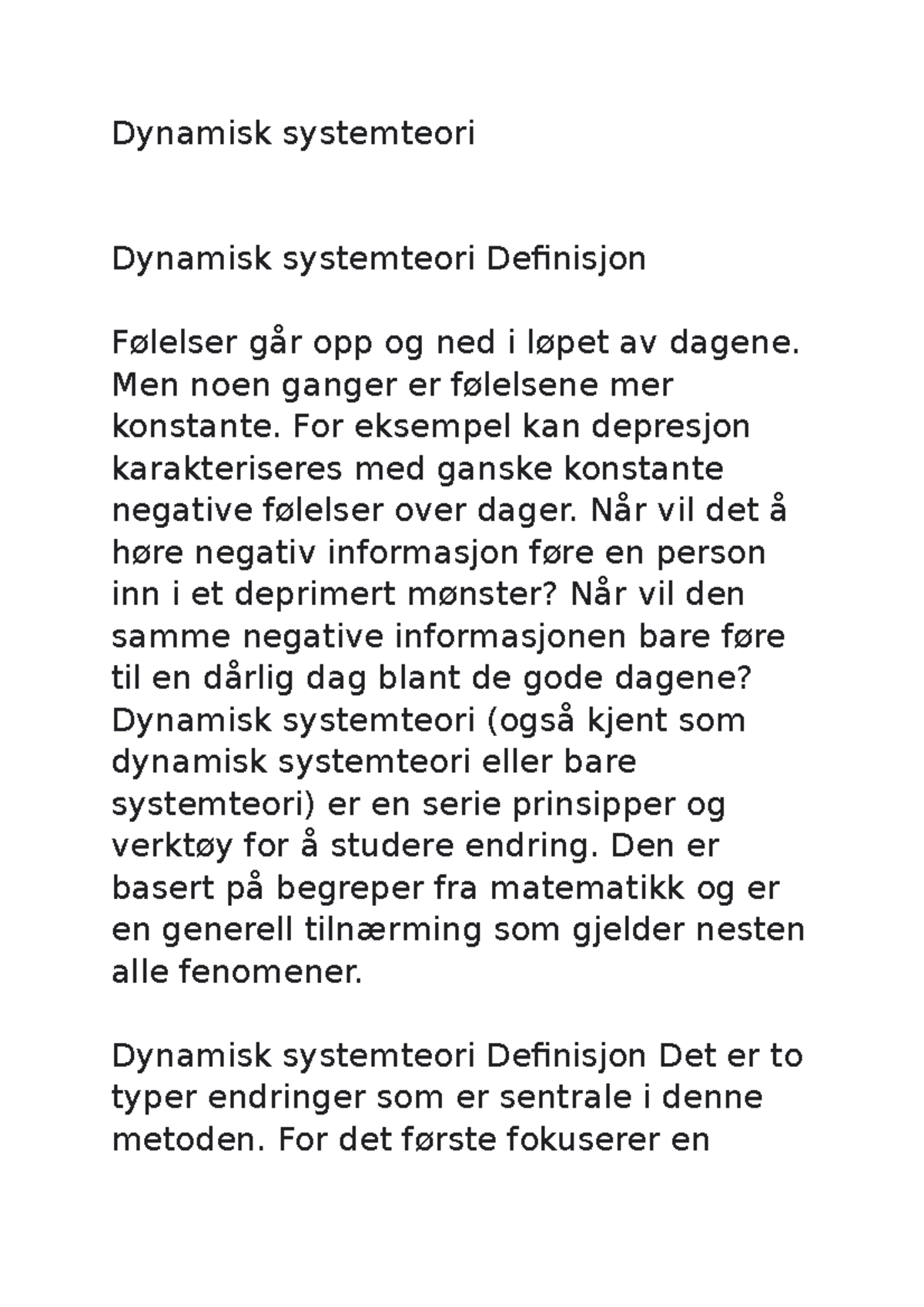 Dynamisk systemteori - Studienotater/øvingsmaterialer som forberedelse ...