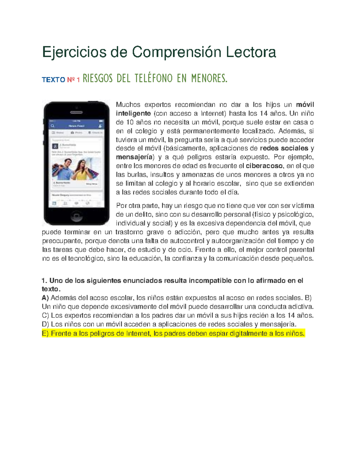 1.-Comprension Lectora Ejercicios - Ejercicios de Comprensión Lectora ...