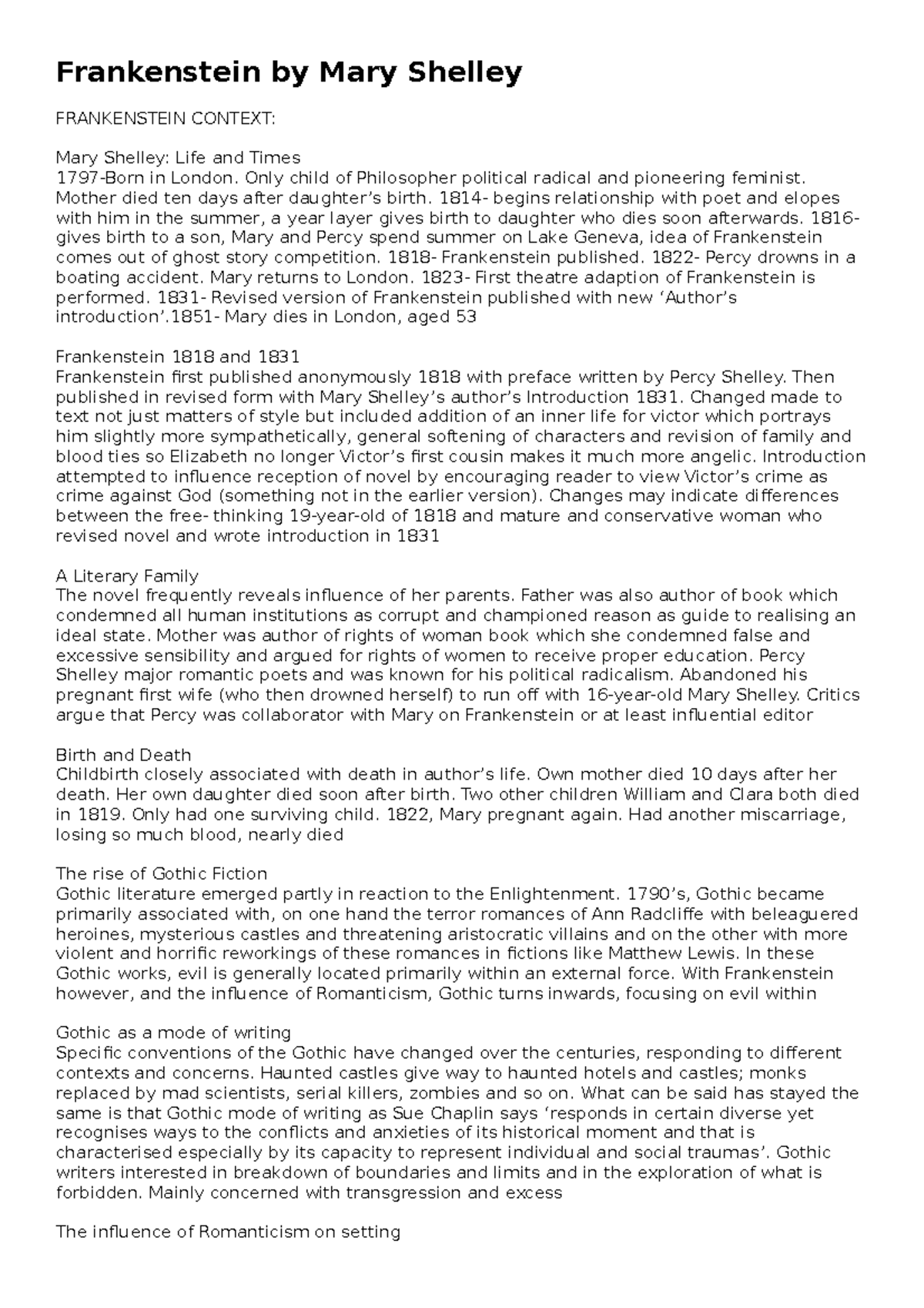 Frankenstein Context - Frankenstein by Mary Shelley FRANKENSTEIN ...