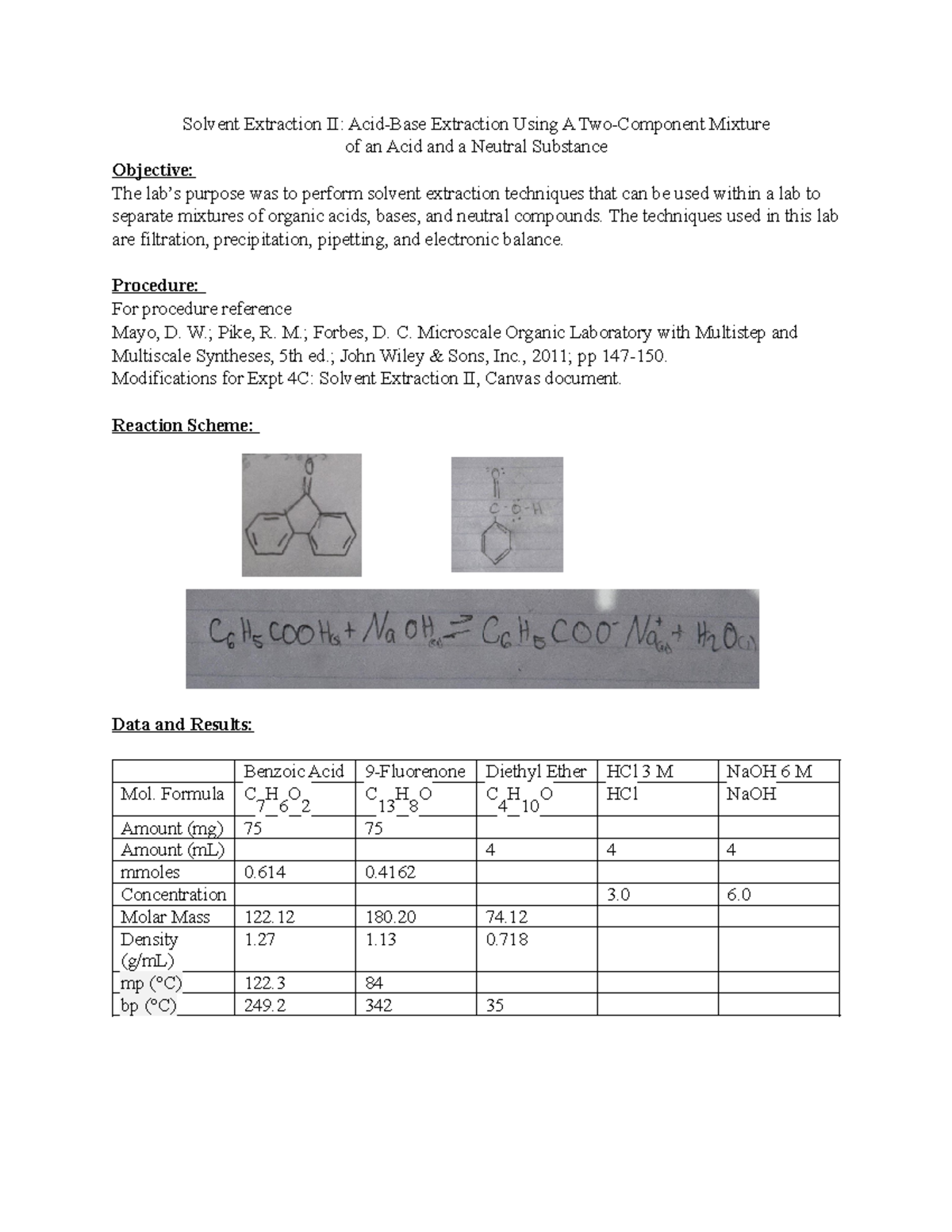 Lab 3 Report - Solvent Extraction II: Acid-Base Extraction Using A Two-Component Mixture of an ...