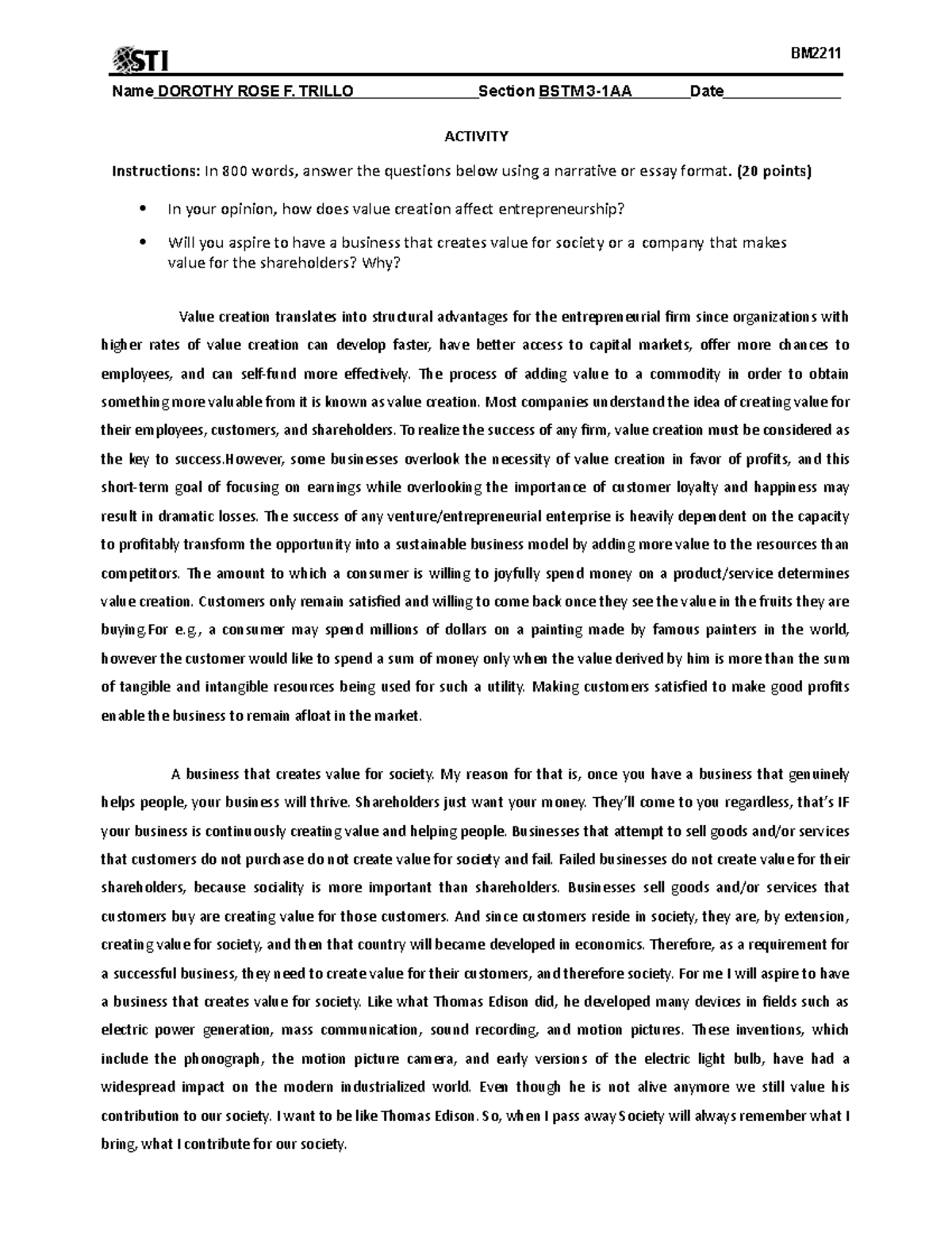 02 Activity 2(5) entrep - Name DOROTHY ROSE F. TRILLO Section BSTM 3-1AA Date ACTIVITY ...