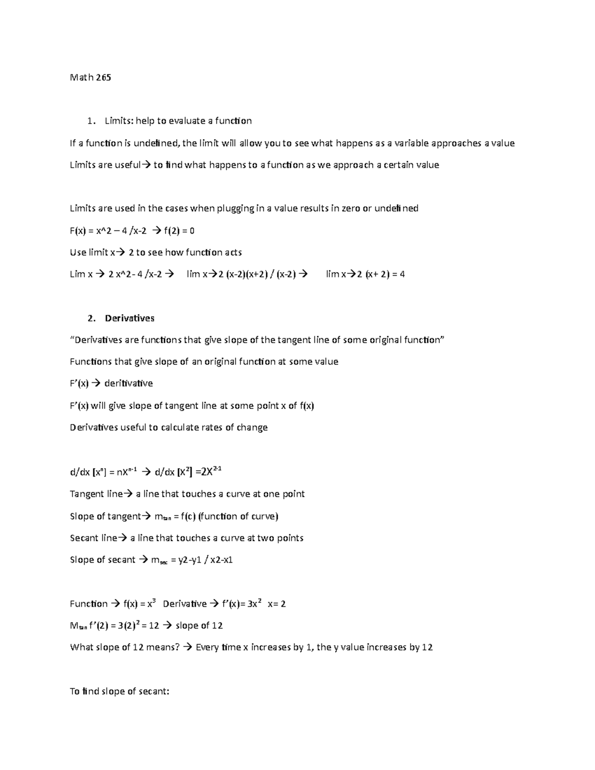 Basic Calculus Notes - Derivatives and Integration - Math 265 Limits ...