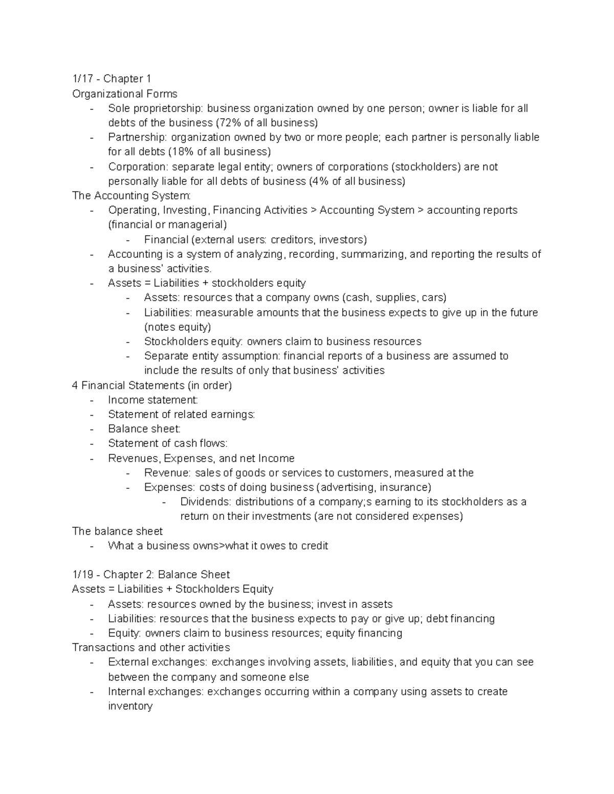 Accounting Exam 1 - practice exam - 1/17 - Chapter 1 Organizational ...