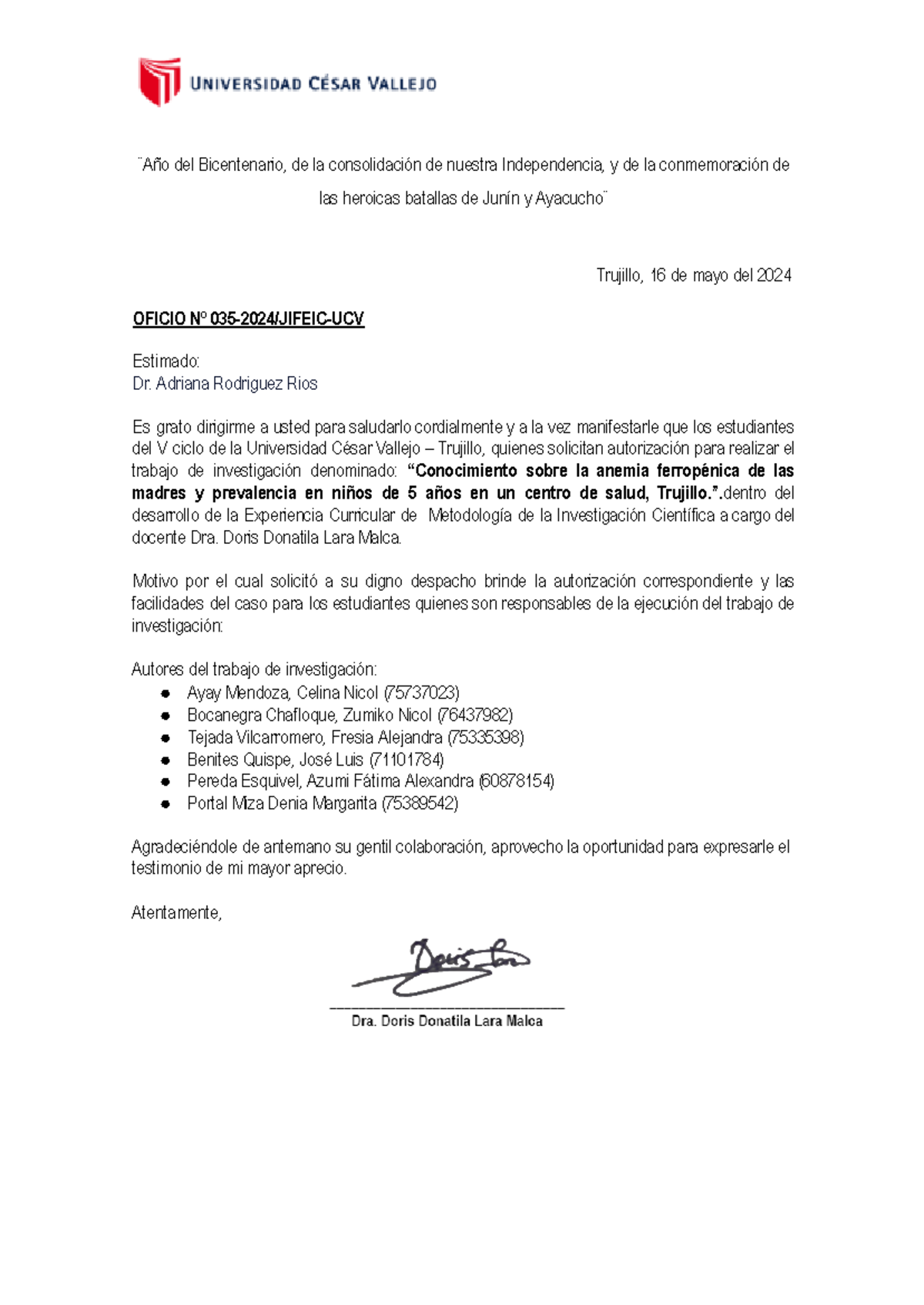 .. Oficio Nº 027-2024- Pifid-UCV (MIC) - ̈Año del Bicentenario, de la ...