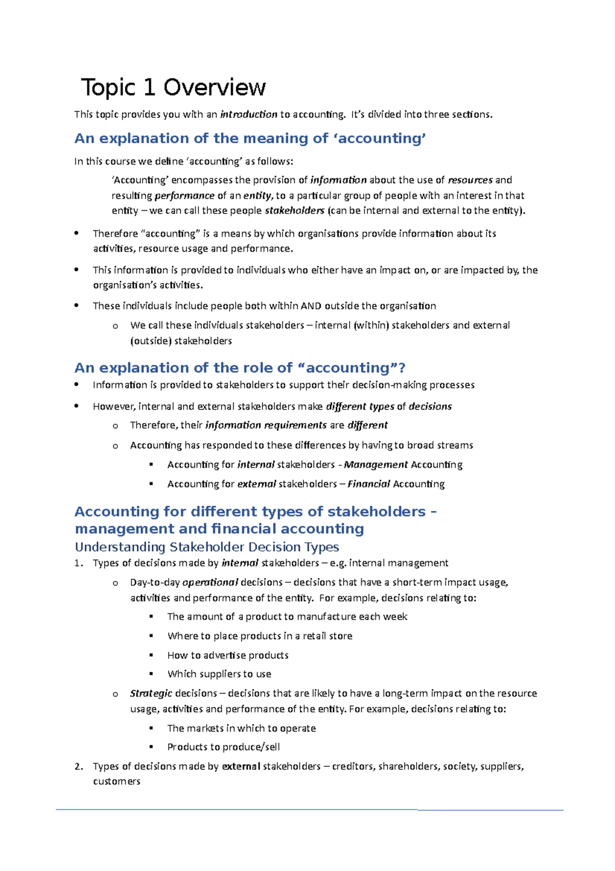 ACCT overview notes - Topic 1 Overview This topic provides you with an ...