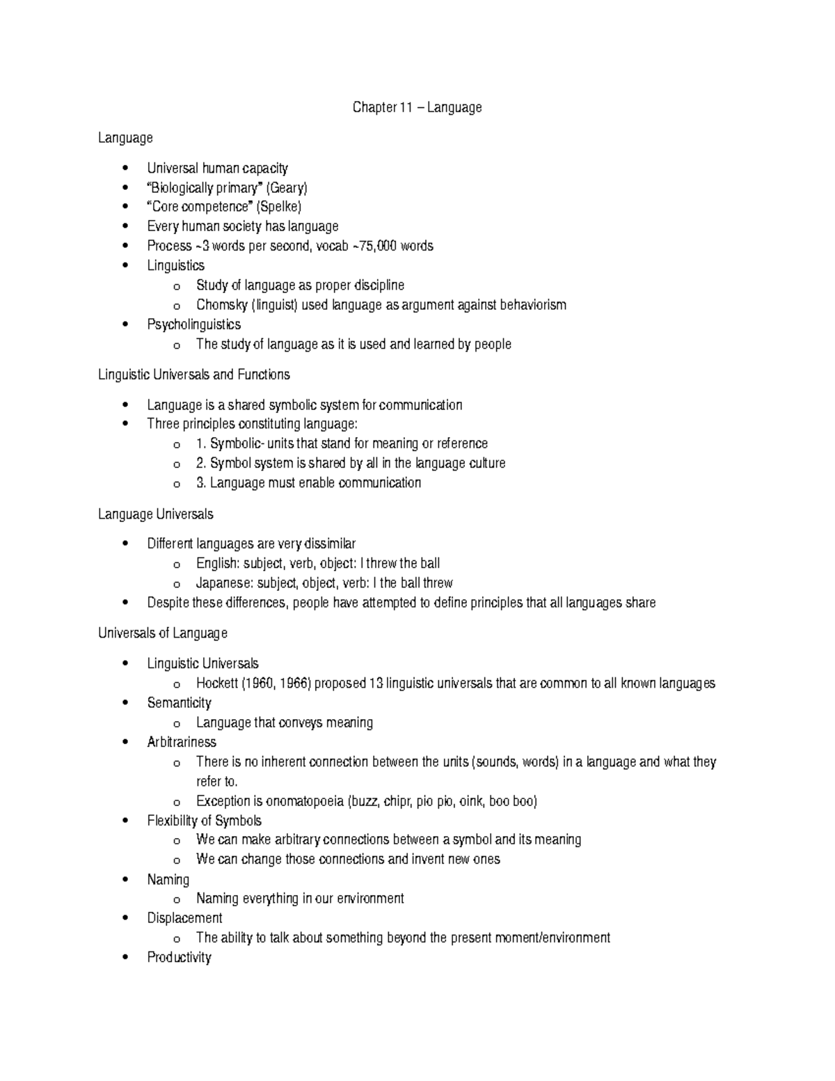 Chapter 11 - Language - Chapter 11 – Language Language Universal human ...