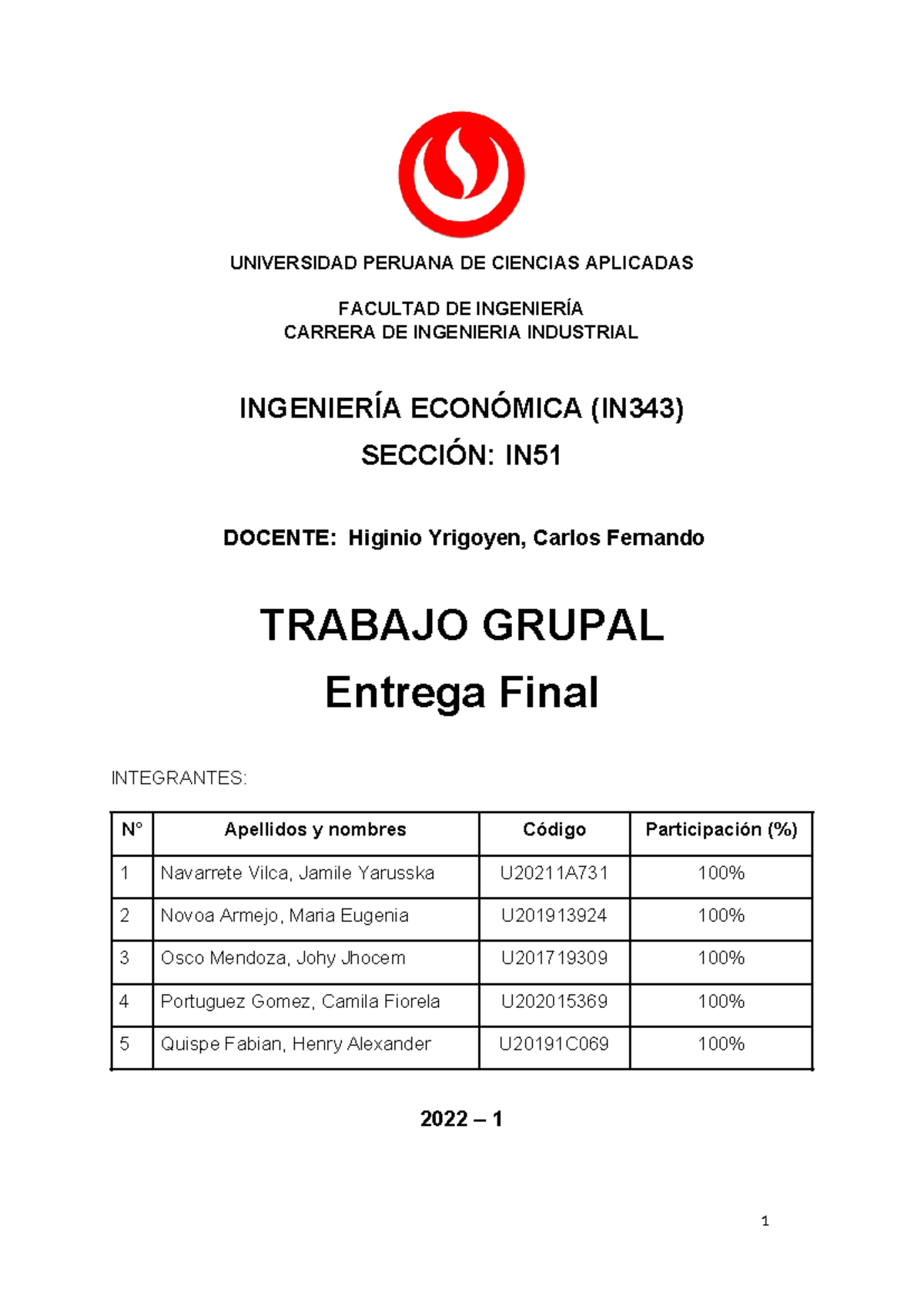 Trabajo Final Ingeco - lectura - UNIVERSIDAD PERUANA DE CIENCIAS APLICADAS FACULTAD DE ...