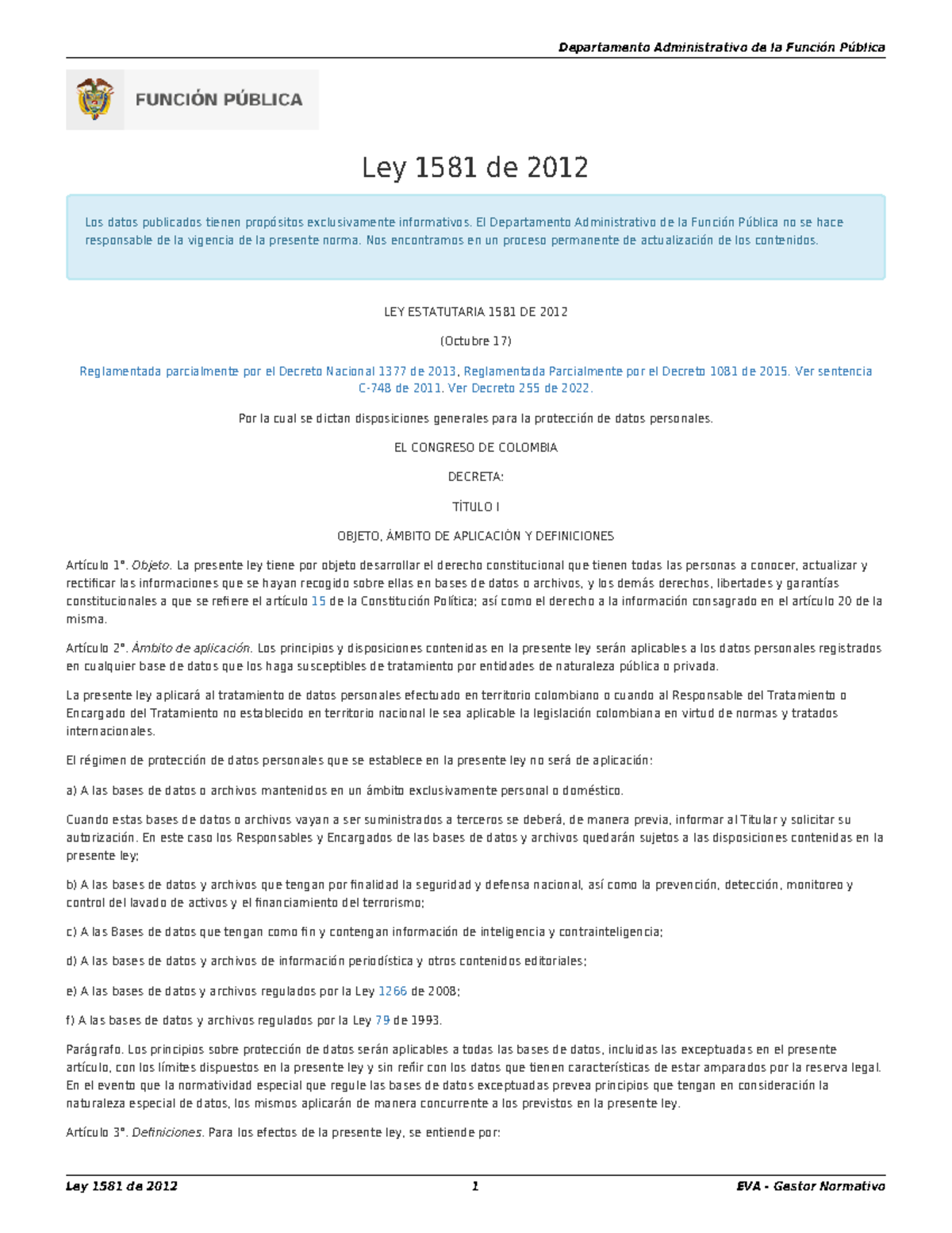 Ley 1581 de 2012 - HABEAS DATA - Ley 1581 de 2012 Los datos publicados ...