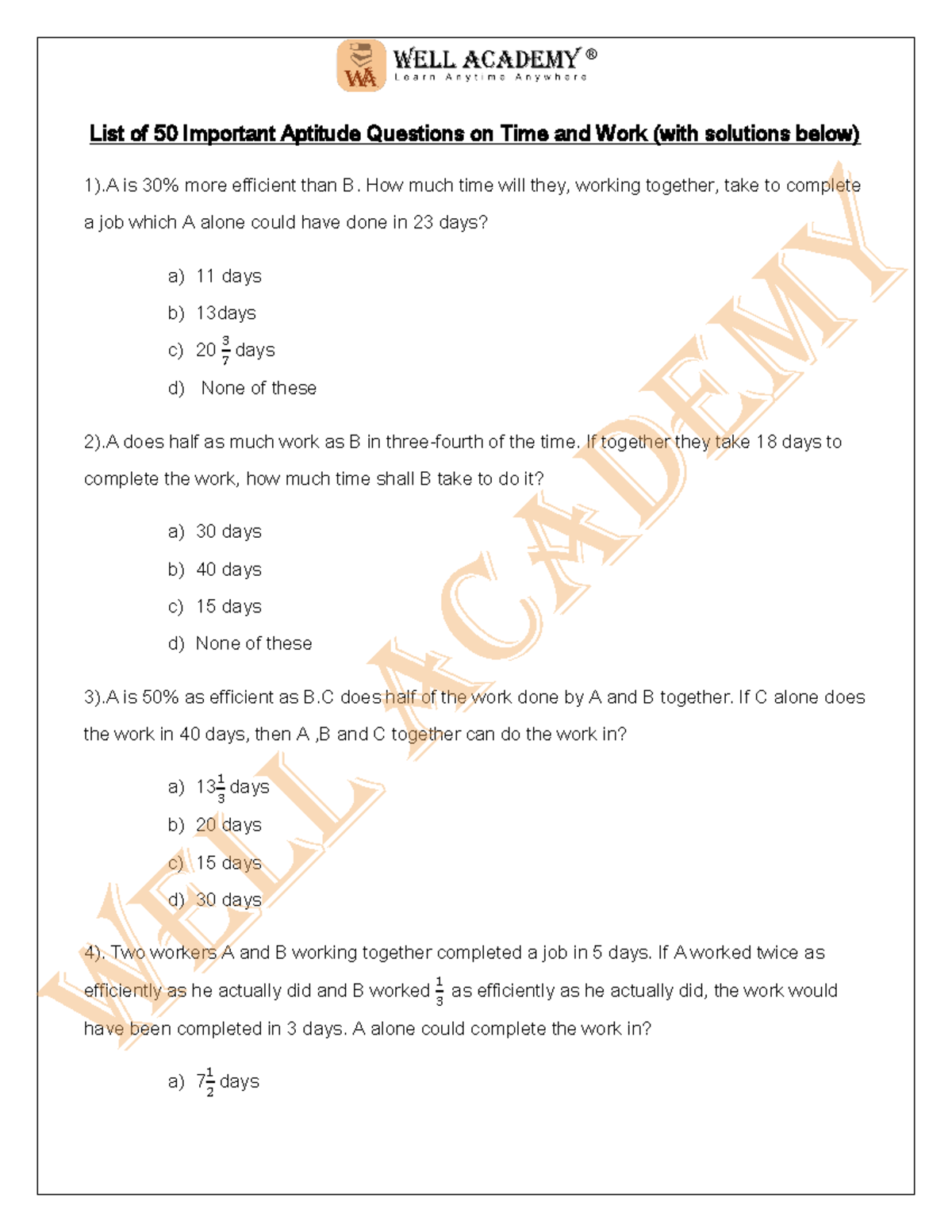 Top 50 Solved Questions of Time and Work - List of 50 Important ...