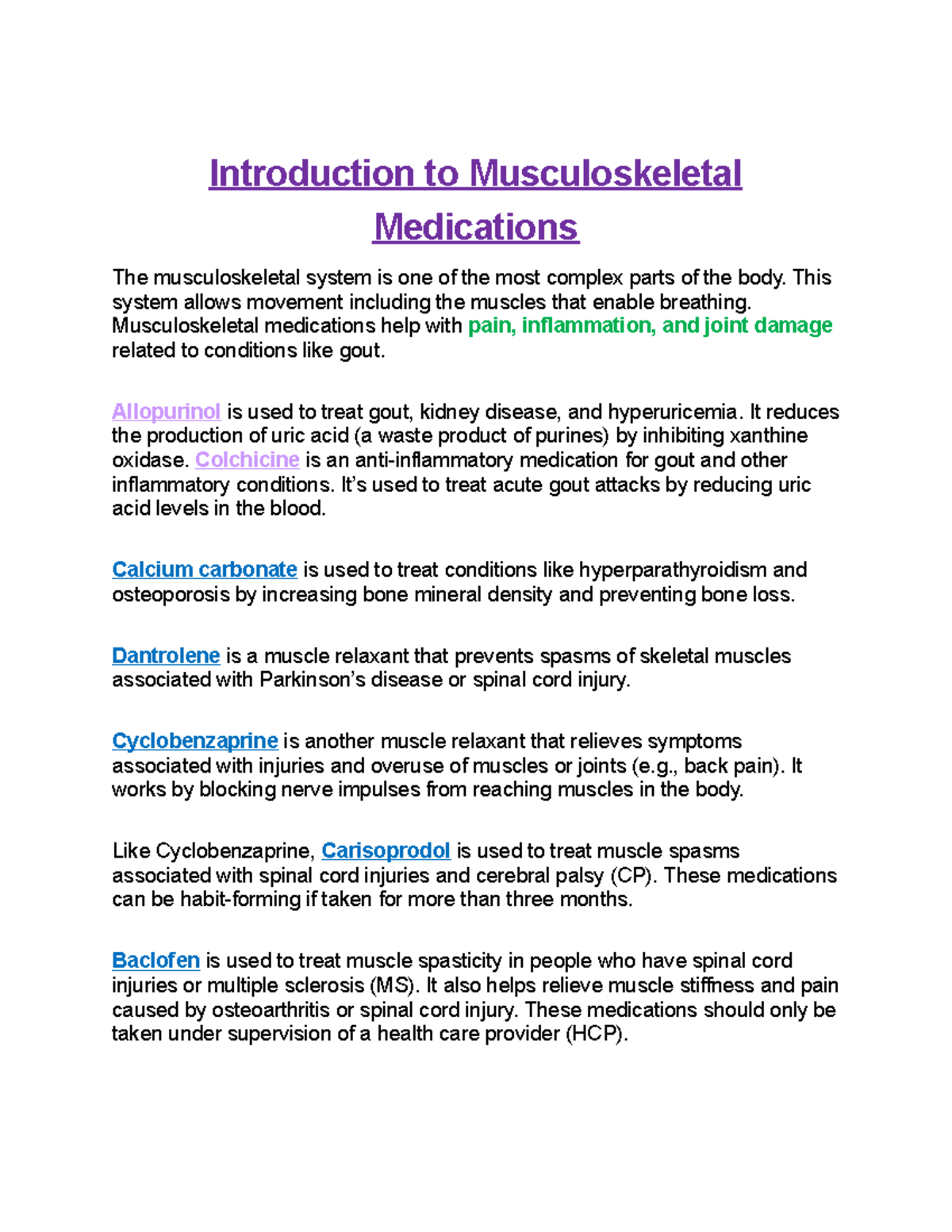 Introduction to Musculoskeletal Medications Lecture - Introduction to ...