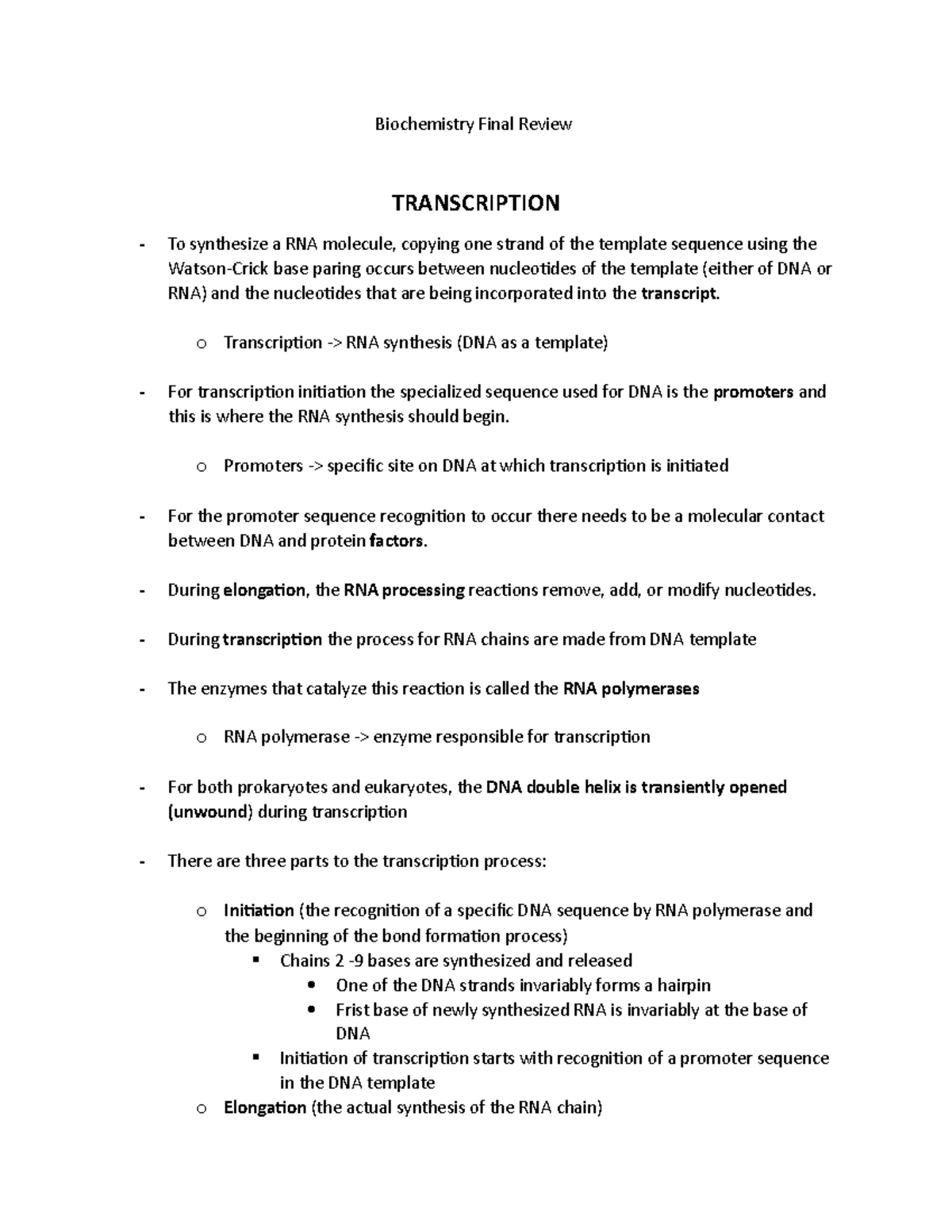 Biochemistry Final Review - Biochemistry Final Review TRANSCRIPTION To ...