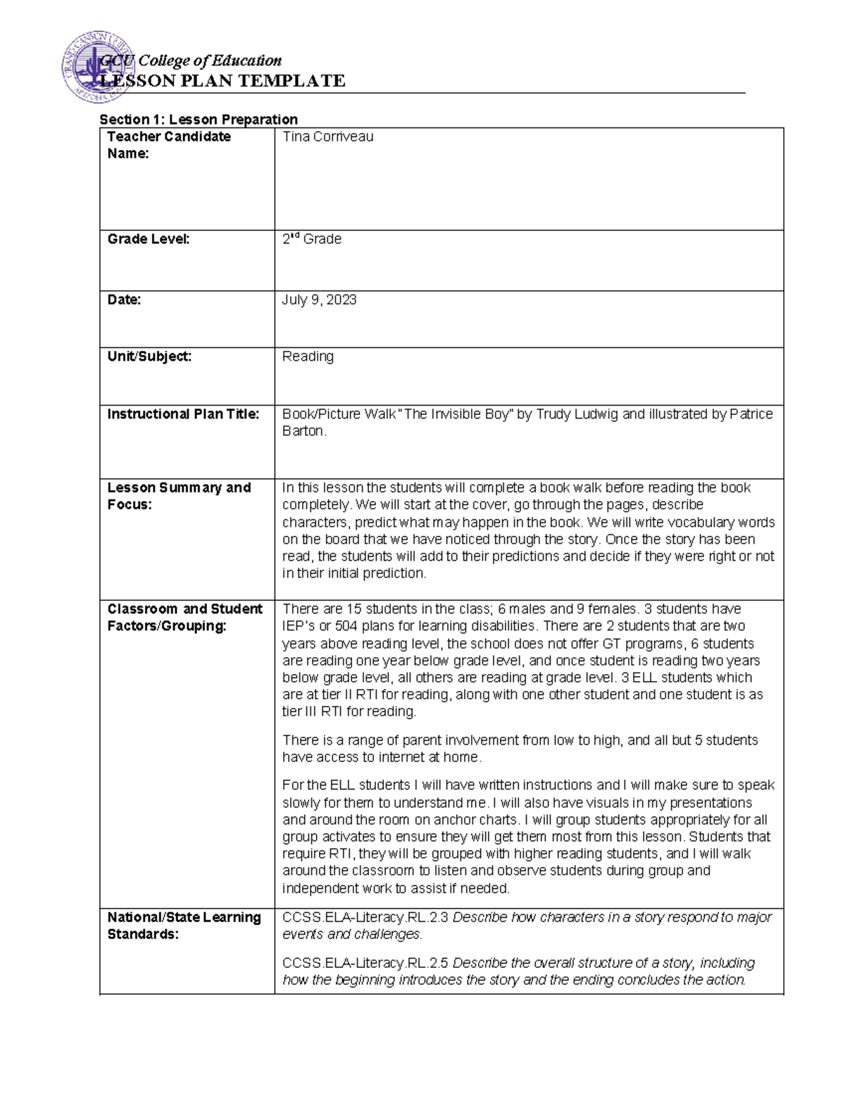 Book Walk T3 - Methods Class - LESSON PLAN TEMPLATE Section 1: Lesson ...