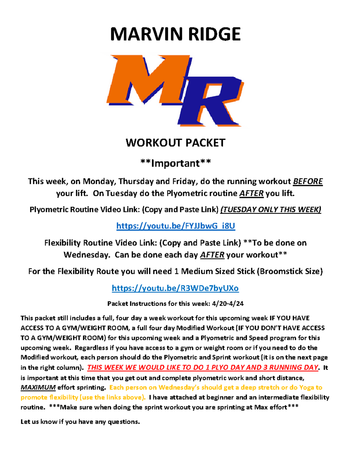 Marvin Ridge Workout 6 - yesa - MARVIN RIDGE WORKOUT PACKET Important ...