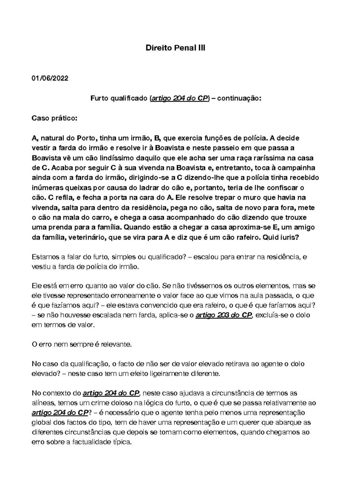 Direito Penal III 2º - classes - Direito Penal III 01/06/ Furto qualificado ( artigo 204 do CP ...