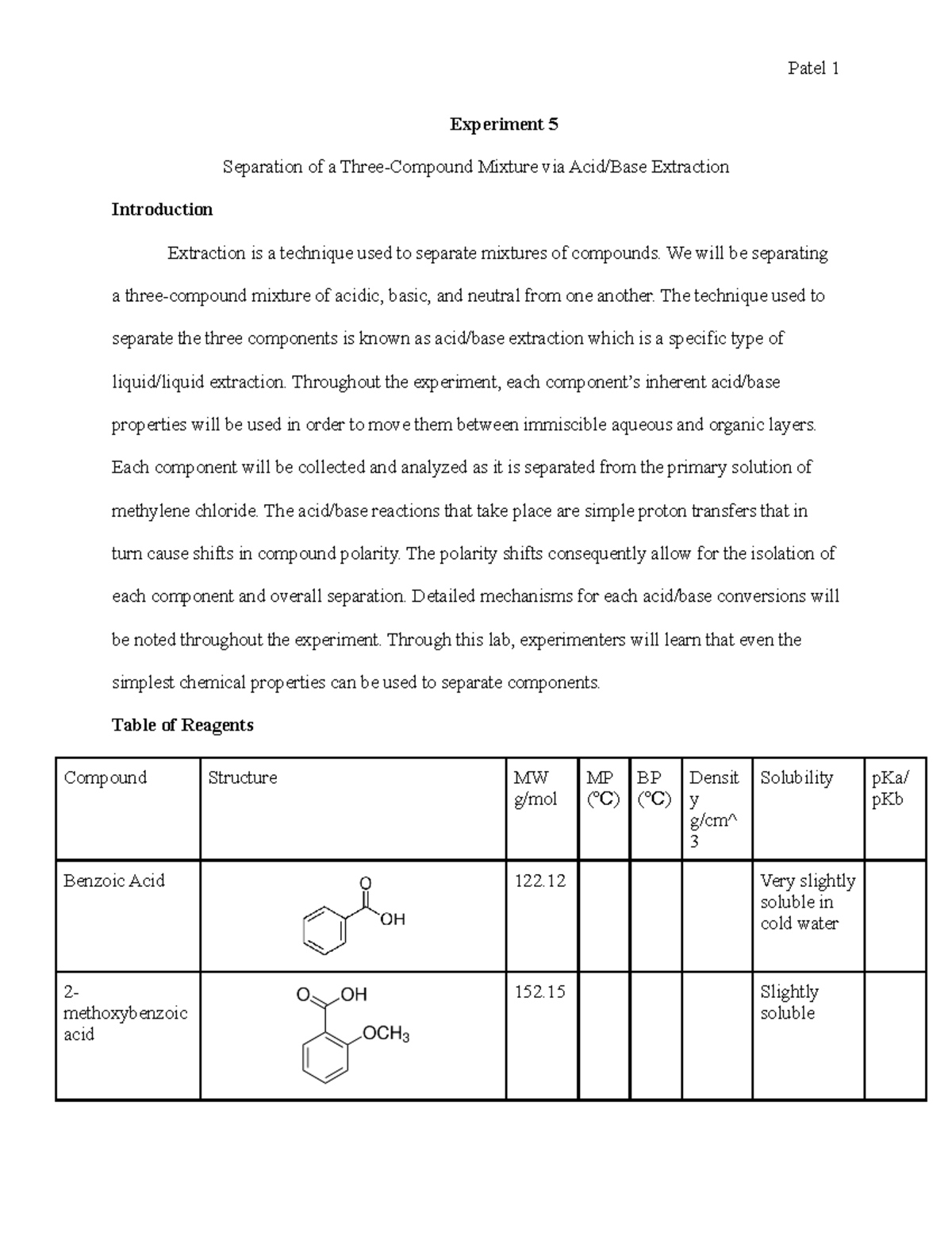 Pre Lab 5 - Complete Pre Lab of CHEM 2211 including introduction, table ...