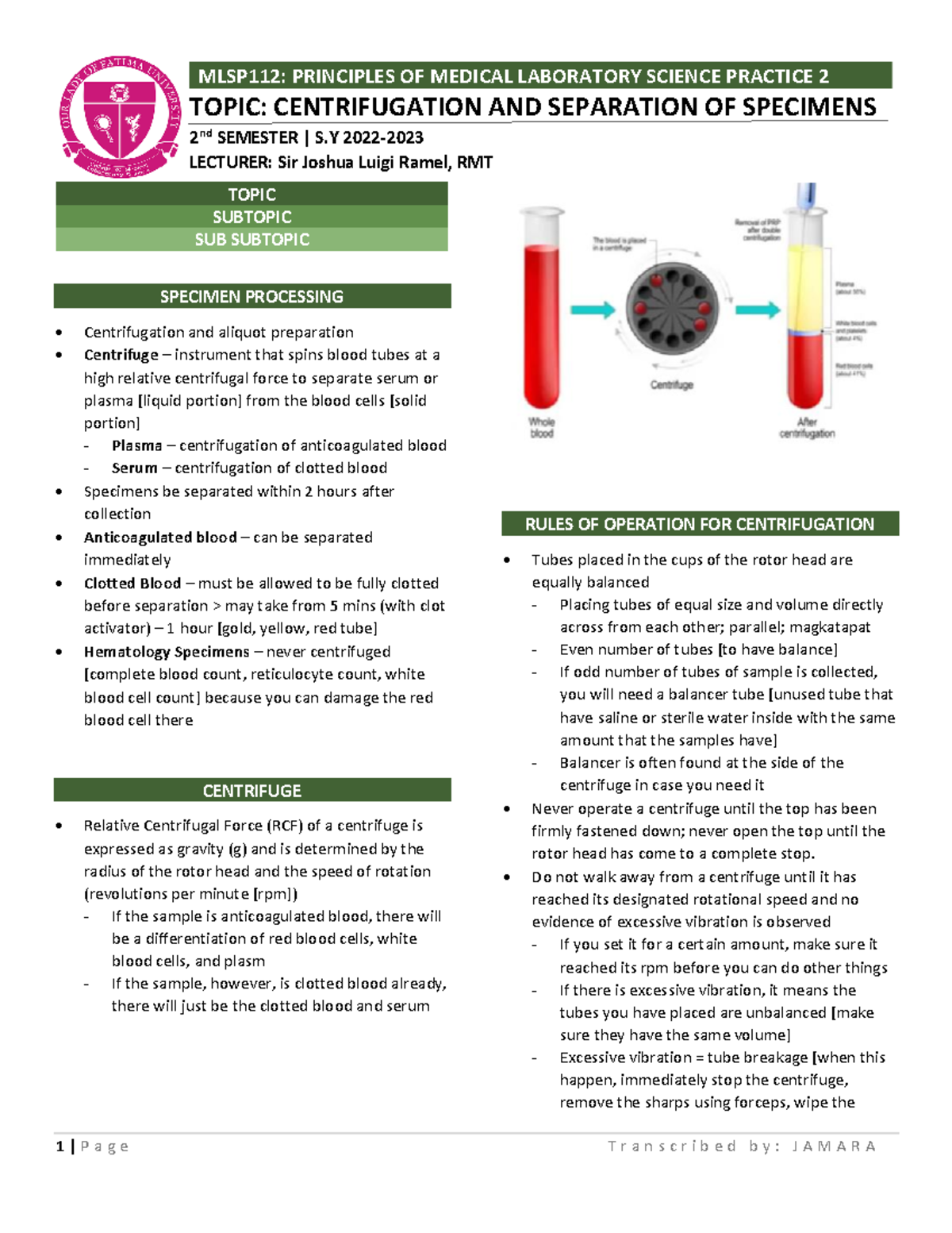 Lesson 2 (LAB) - Centrifugation AND Separation OF Specimens - 1 | P a g e T r a n s c r i b e d ...