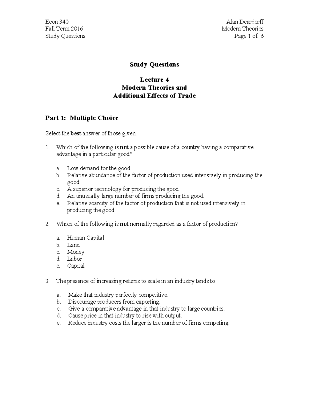 Study questions lecture 4 - Econ 340 Fall Term 2016 Study Questions ...
